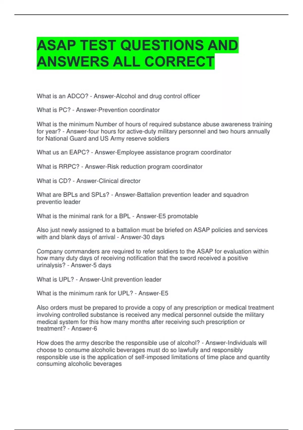 ASAP TEST QUESTIONS AND ANSWERS ALL CORRECT - ASAP - Stuvia US