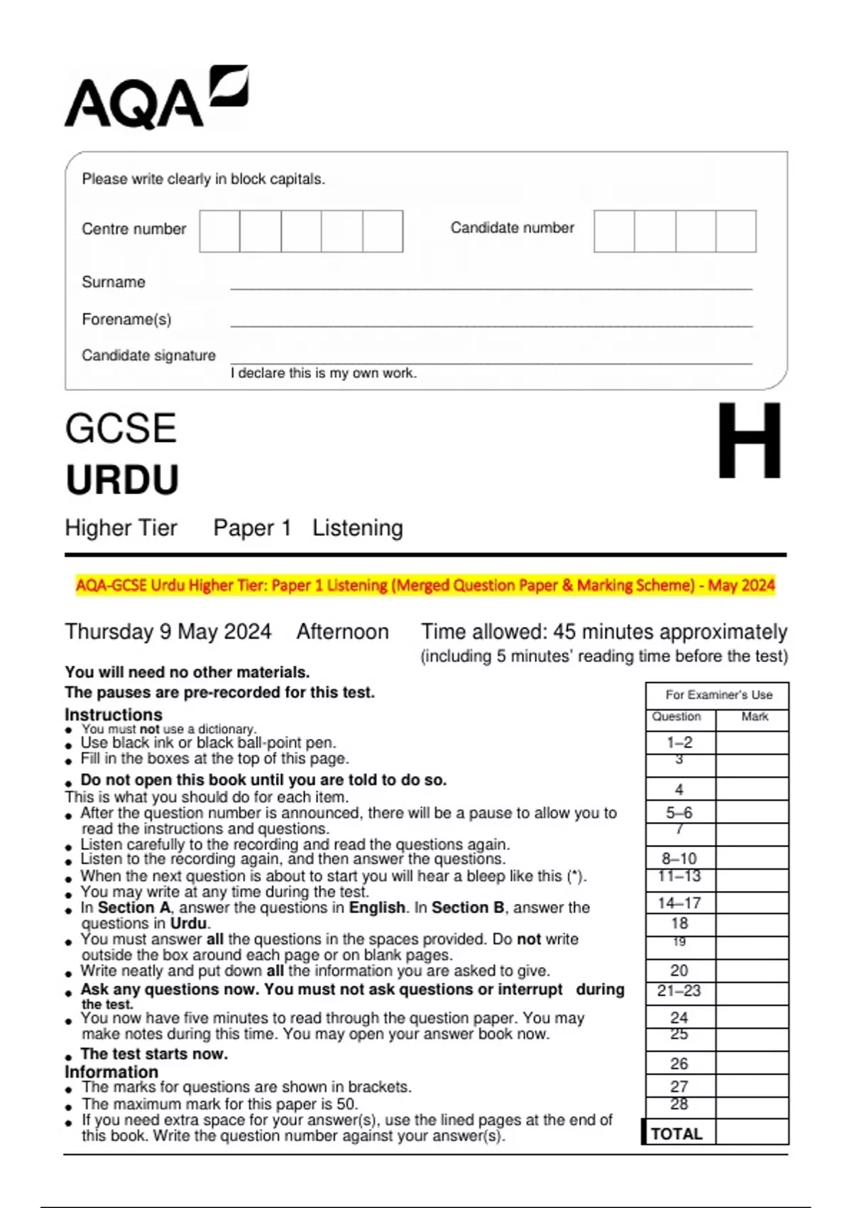 AQA-GCSE Urdu Higher Tier: Paper 1 Listening (Merged Question Paper ...