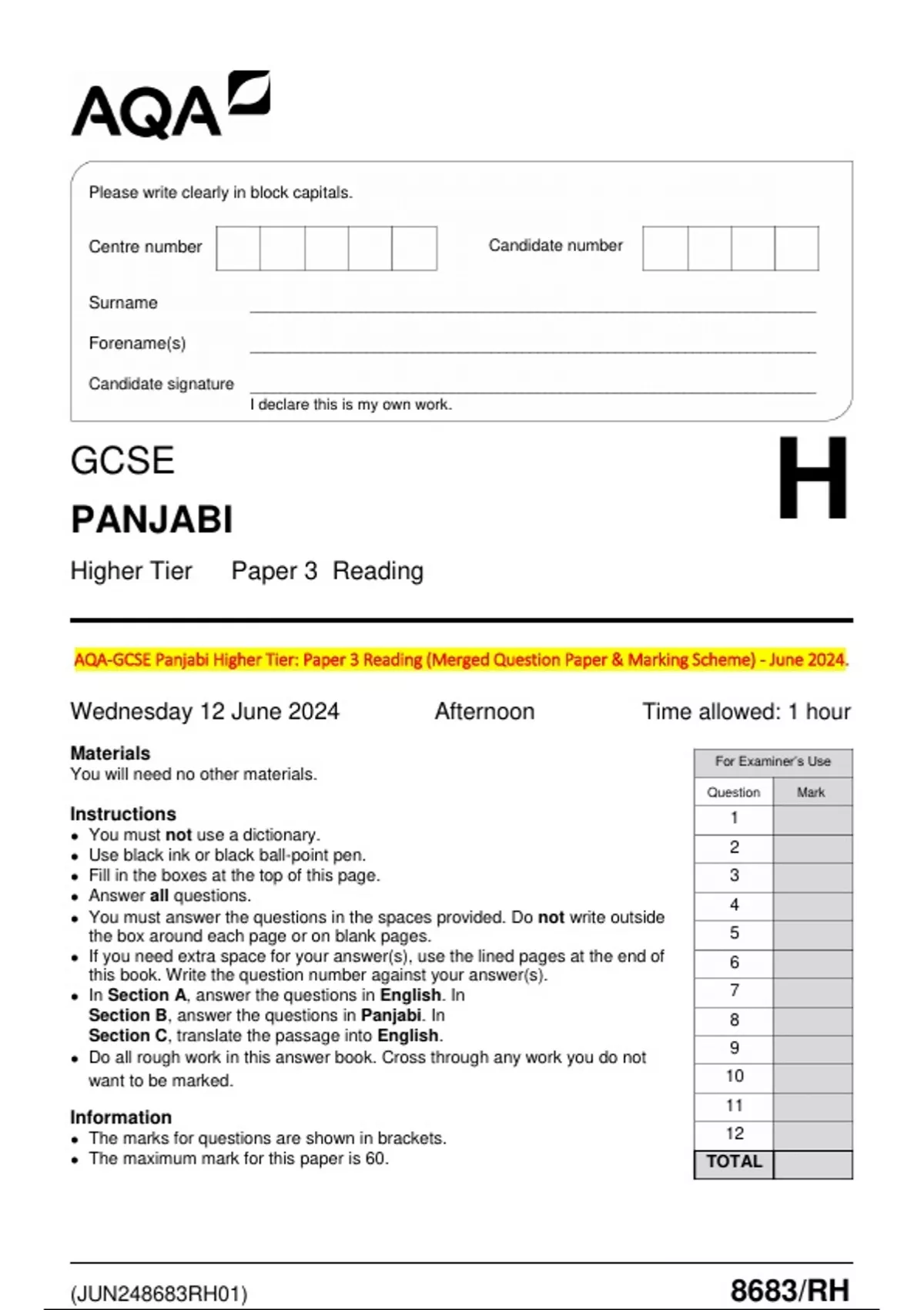 AQA-GCSE Panjabi Higher Tier: Paper 3 Reading (Merged Question Paper ...