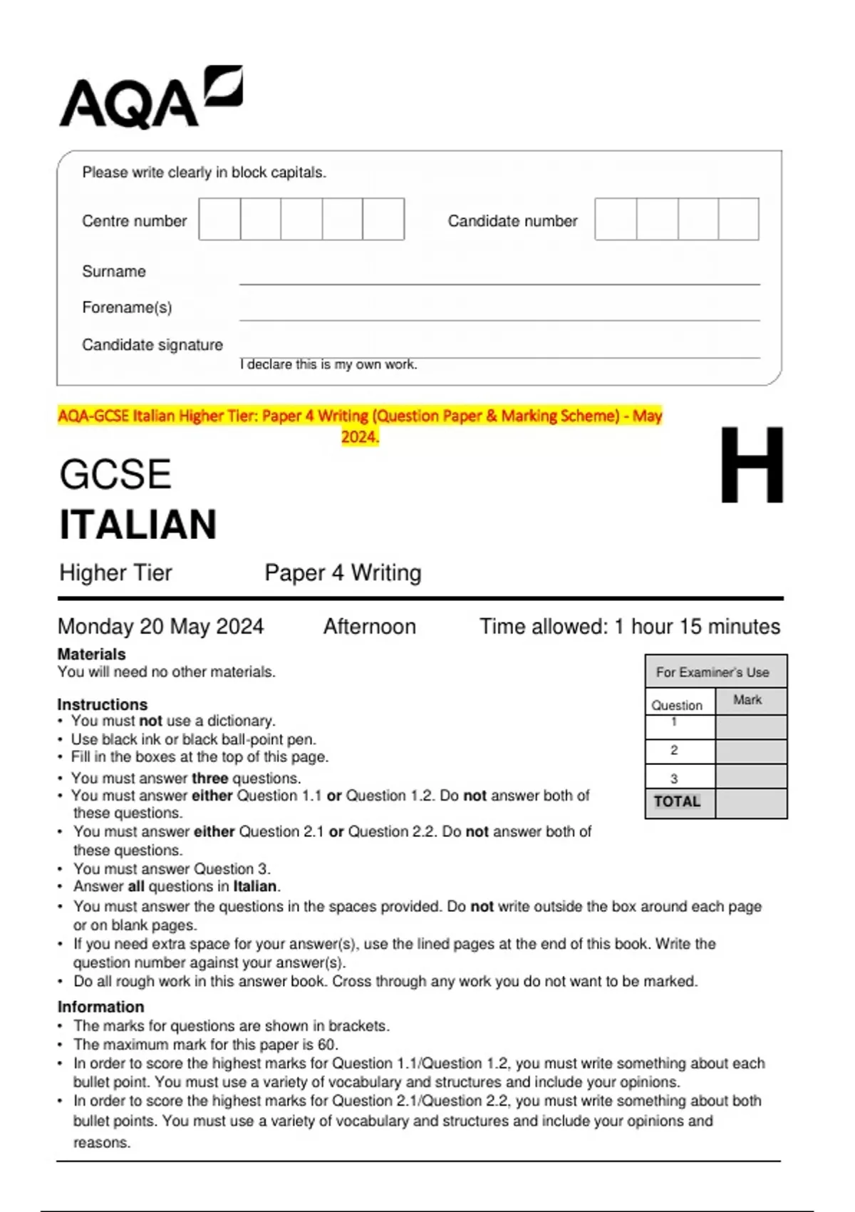 AQA-GCSE Italian Higher Tier: Paper 4 Writing (Question Paper & Marking ...