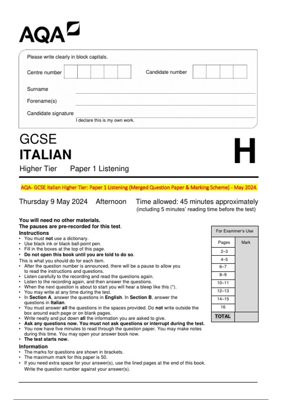 AQA- GCSE Italian Higher Tier: Paper 1 Listening (Merged Question Paper ...