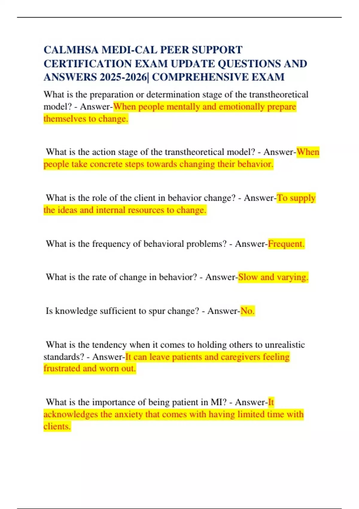 CALMHSA MEDI-CAL PEER SUPPORT CERTIFICATION EXAM UPDATE QUESTIONS AND ...