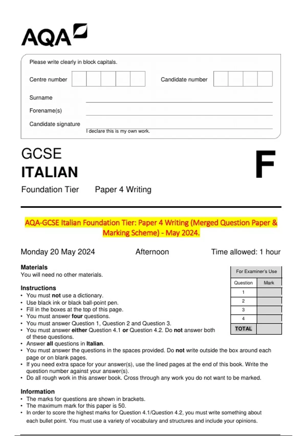 AQA-GCSE Italian Foundation Tier: Paper 4 Writing (Merged Question ...