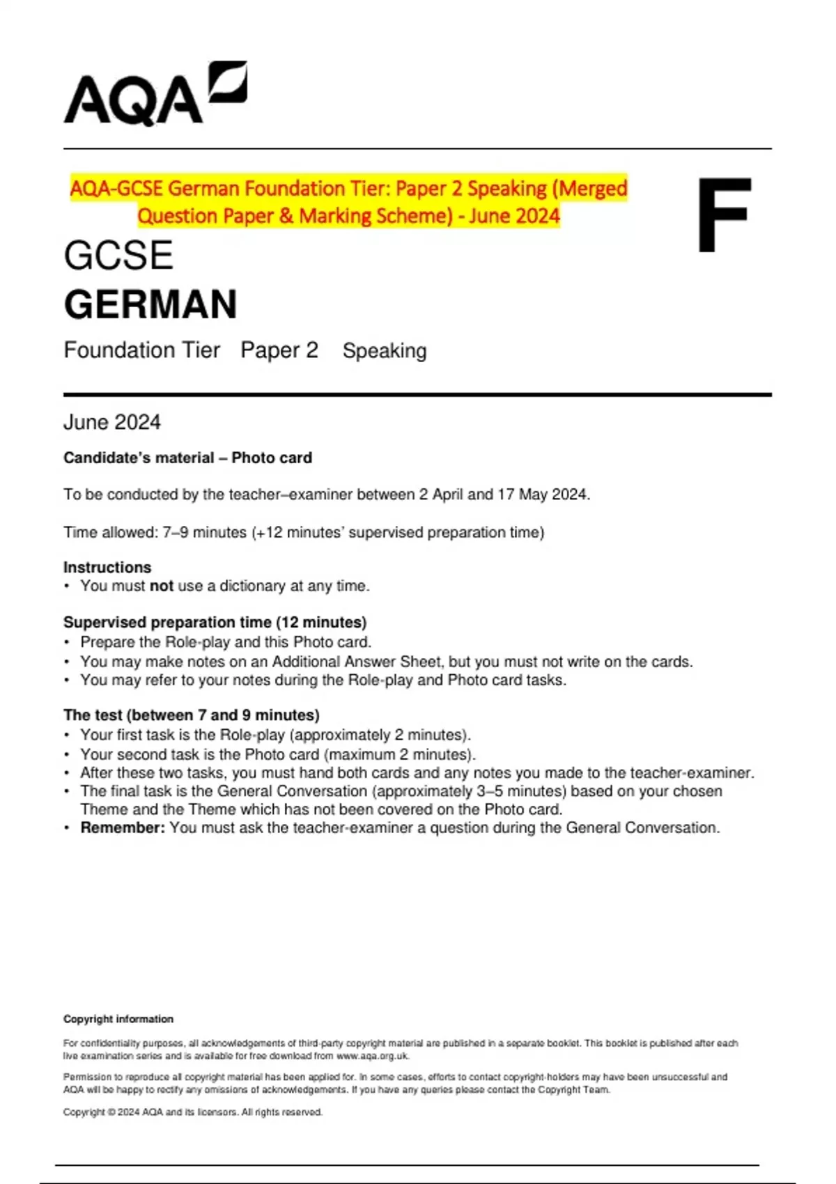 AQA-GCSE German Foundation Tier: Paper 2 Speaking (Merged Question ...