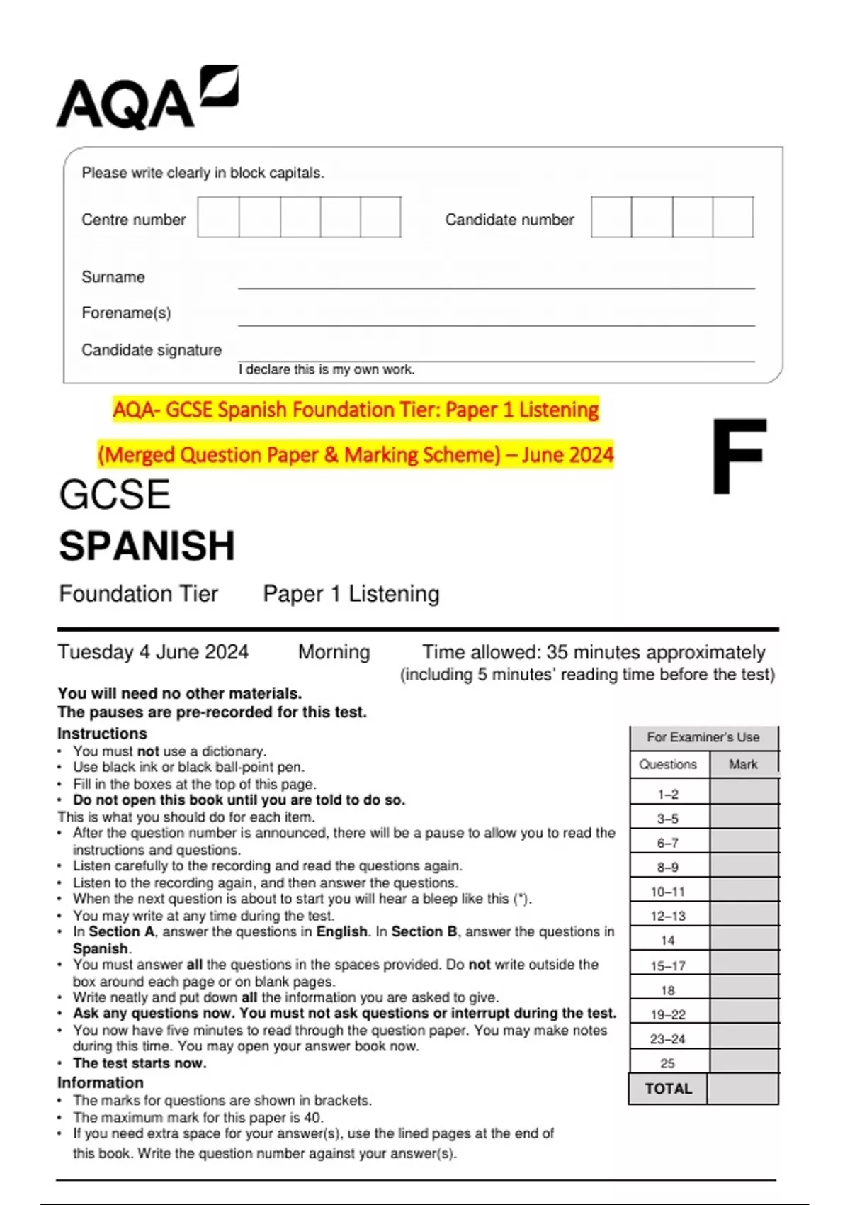AQA- GCSE Spanish Foundation Tier: Paper 1 Listening (Merged Question ...