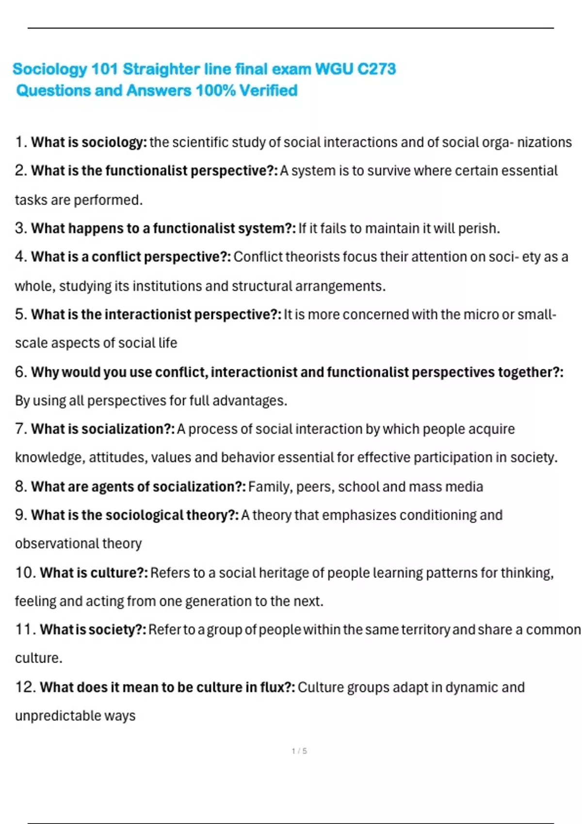 Sociology 101 Straighter line final exam WGU C273 Questions and Answers ...