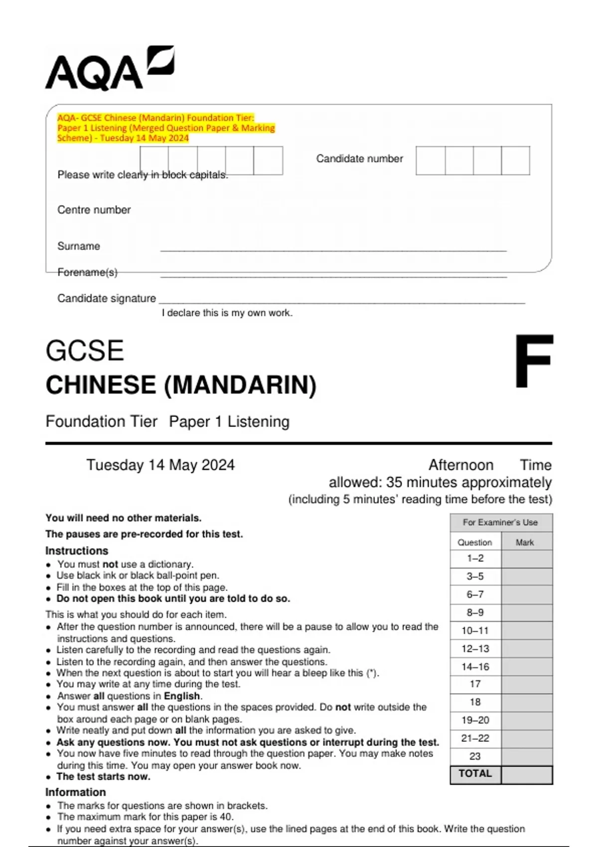 AQA- GCSE Chinese (Mandarin) Foundation Tier: Paper 1 Listening (Merged ...