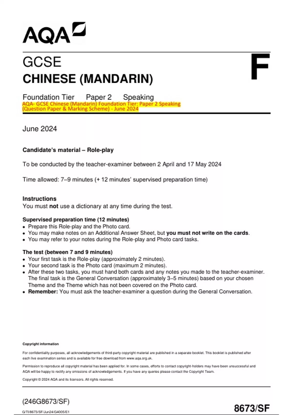 AQA- GCSE Chinese (Mandarin) Foundation Tier: Paper 2 Speaking ...