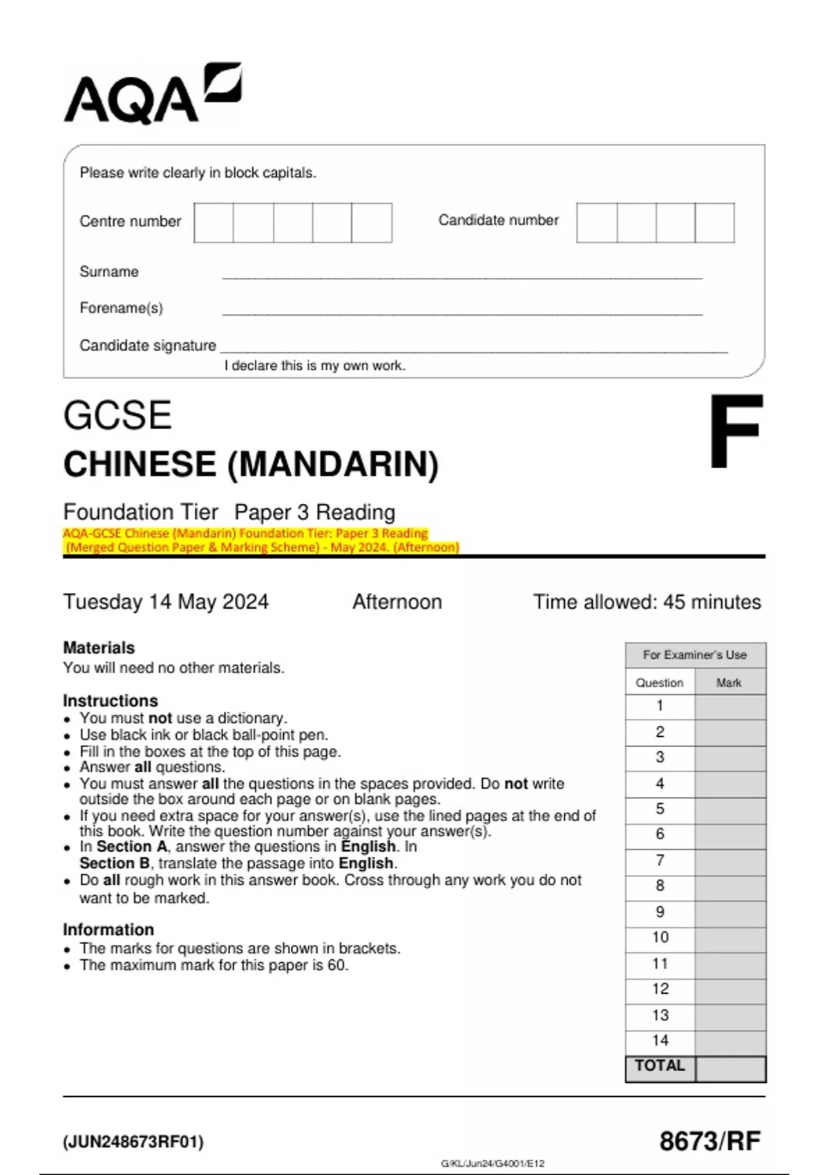 AQA-GCSE Chinese (Mandarin) Foundation Tier: Paper 3 Reading (Merged ...