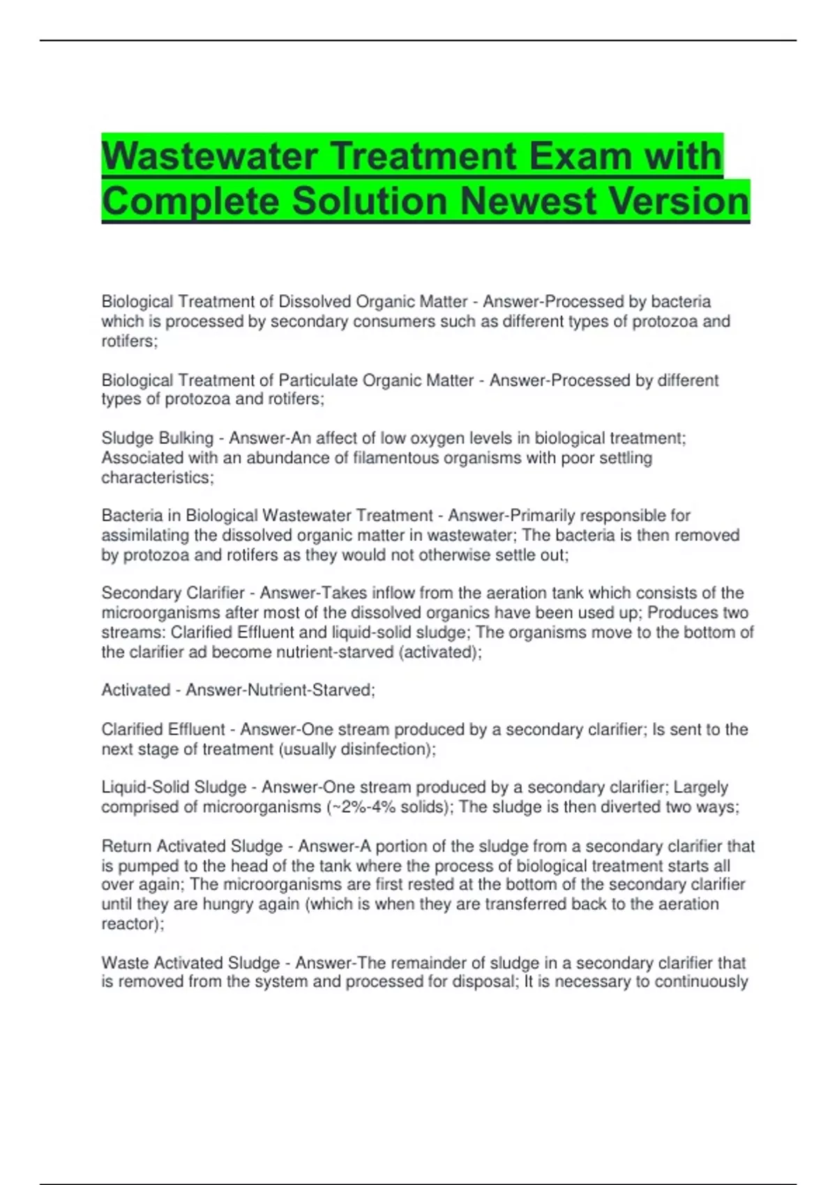 Wastewater Treatment Exam with Complete Solution Newest Version ...