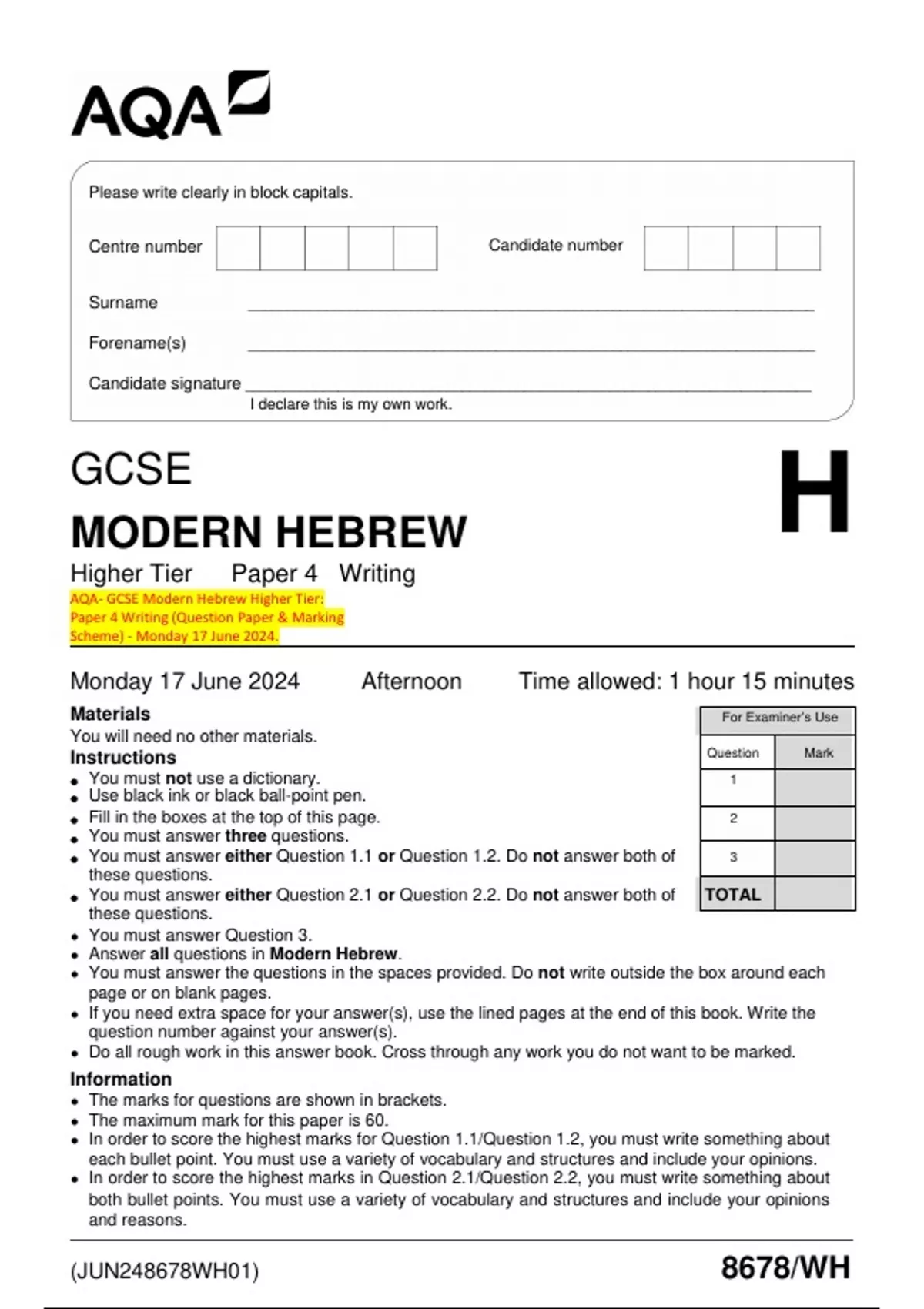 AQA- GCSE Modern Hebrew Higher Tier: Paper 4 Writing (Question Paper ...