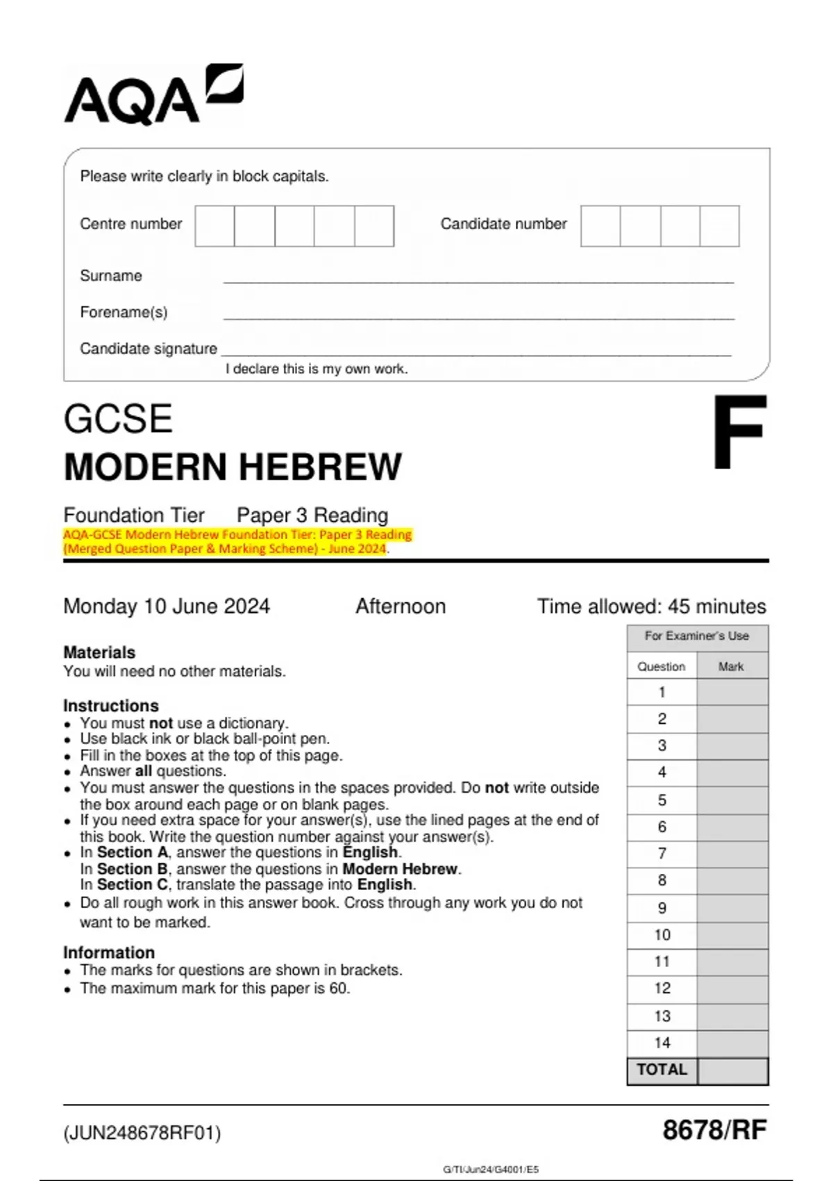 AQA-GCSE Modern Hebrew Foundation Tier: Paper 3 Reading (Merged ...
