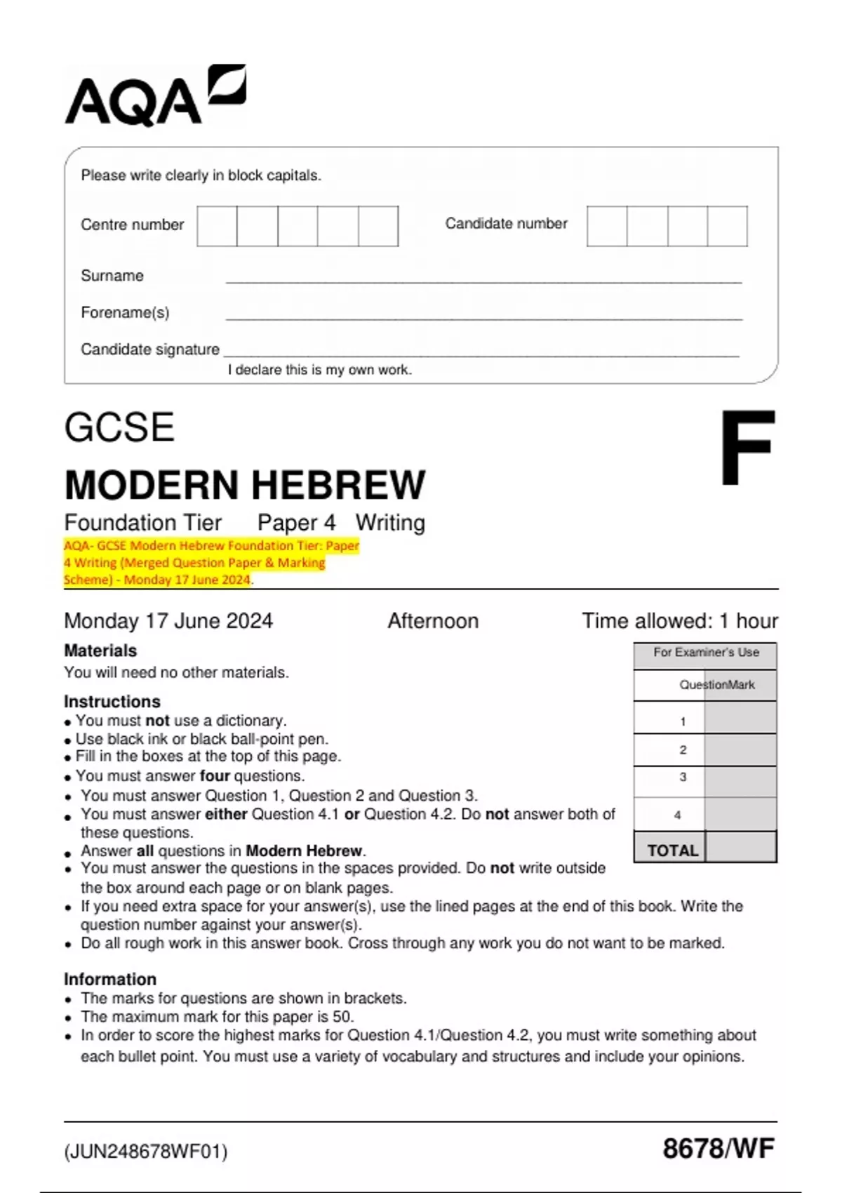 AQA- GCSE Modern Hebrew Foundation Tier: Paper 4 Writing (Merged ...