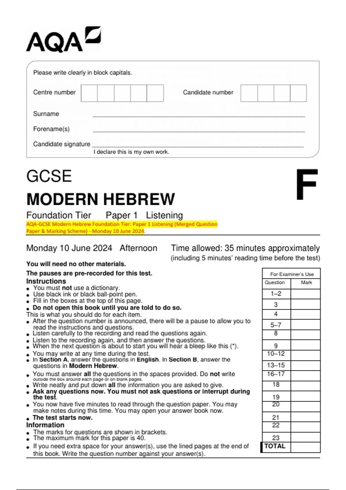 AQA-GCSE Modern Hebrew Foundation Tier: Paper 1 Listening (Merged ...