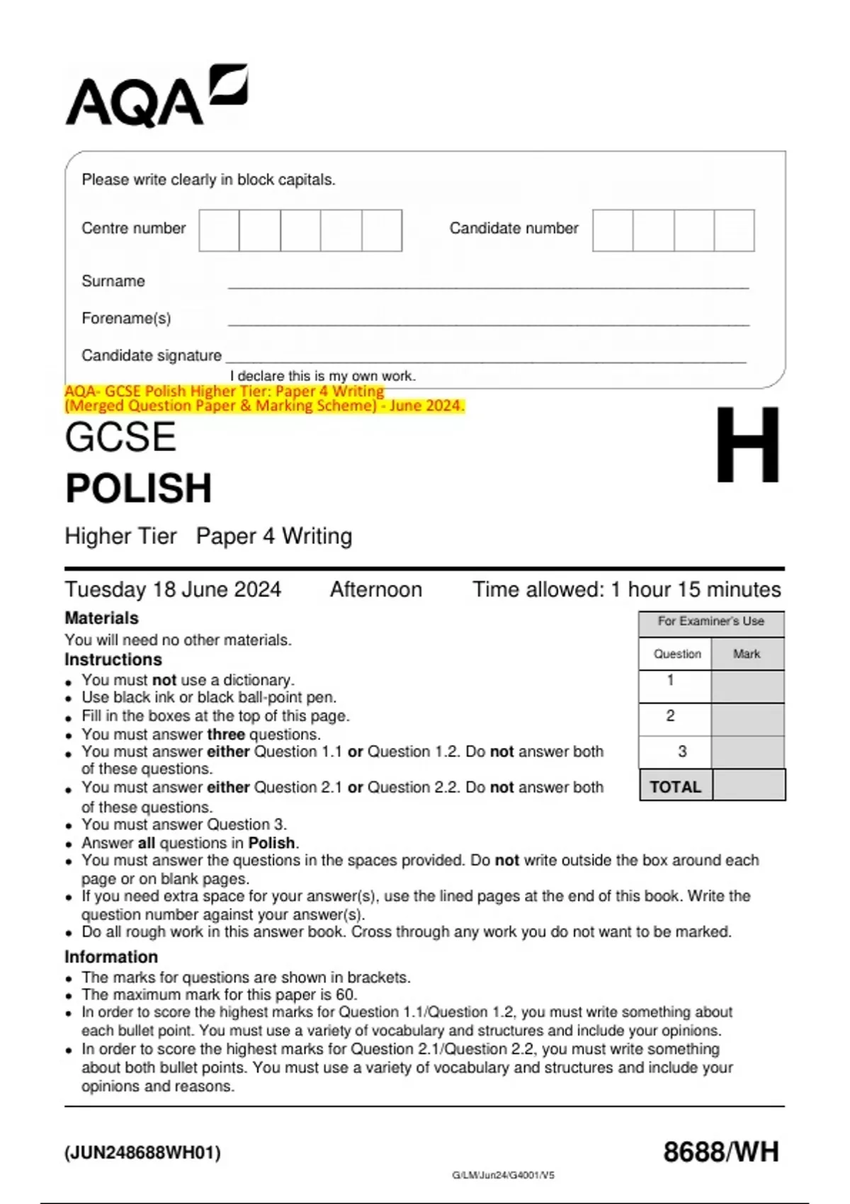 AQA- GCSE Polish Higher Tier: Paper 4 Writing (Merged Question Paper ...