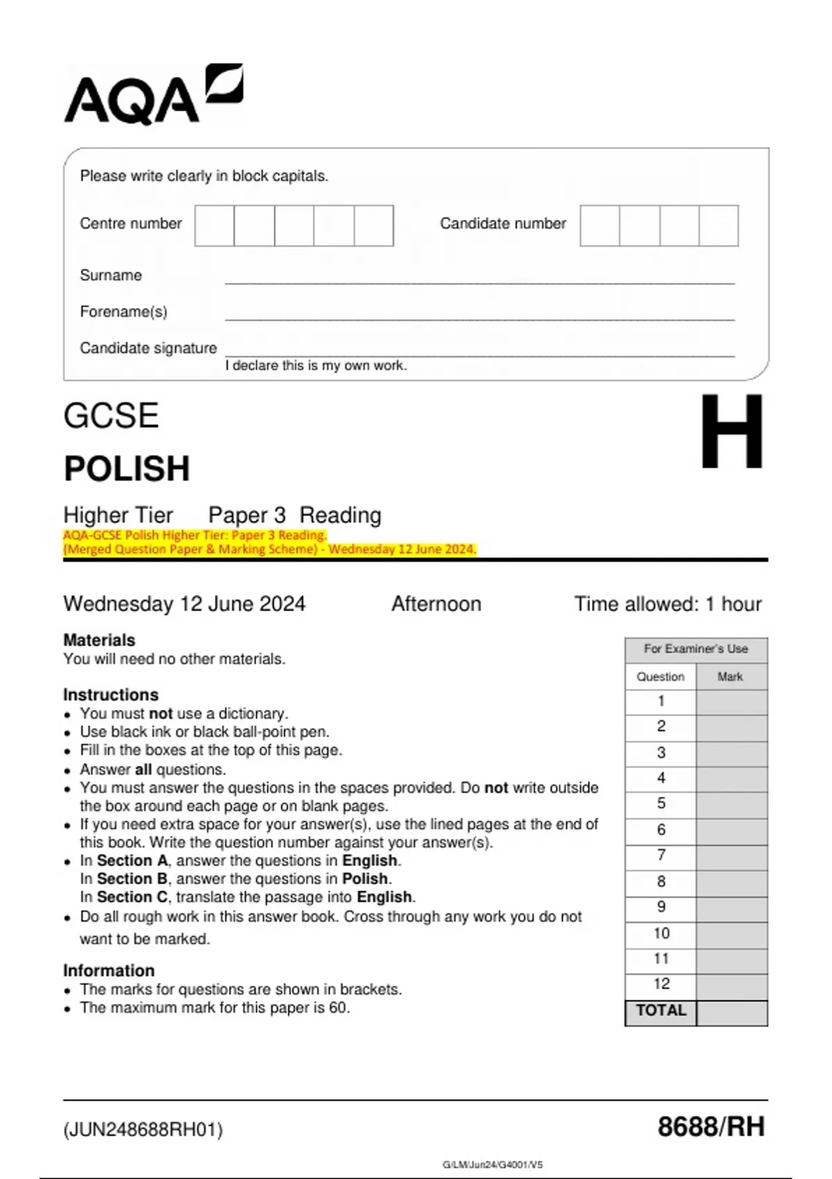 Higher Tier Paper 3 Reading AQA-GCSE Polish Higher Tier: Paper 3 ...