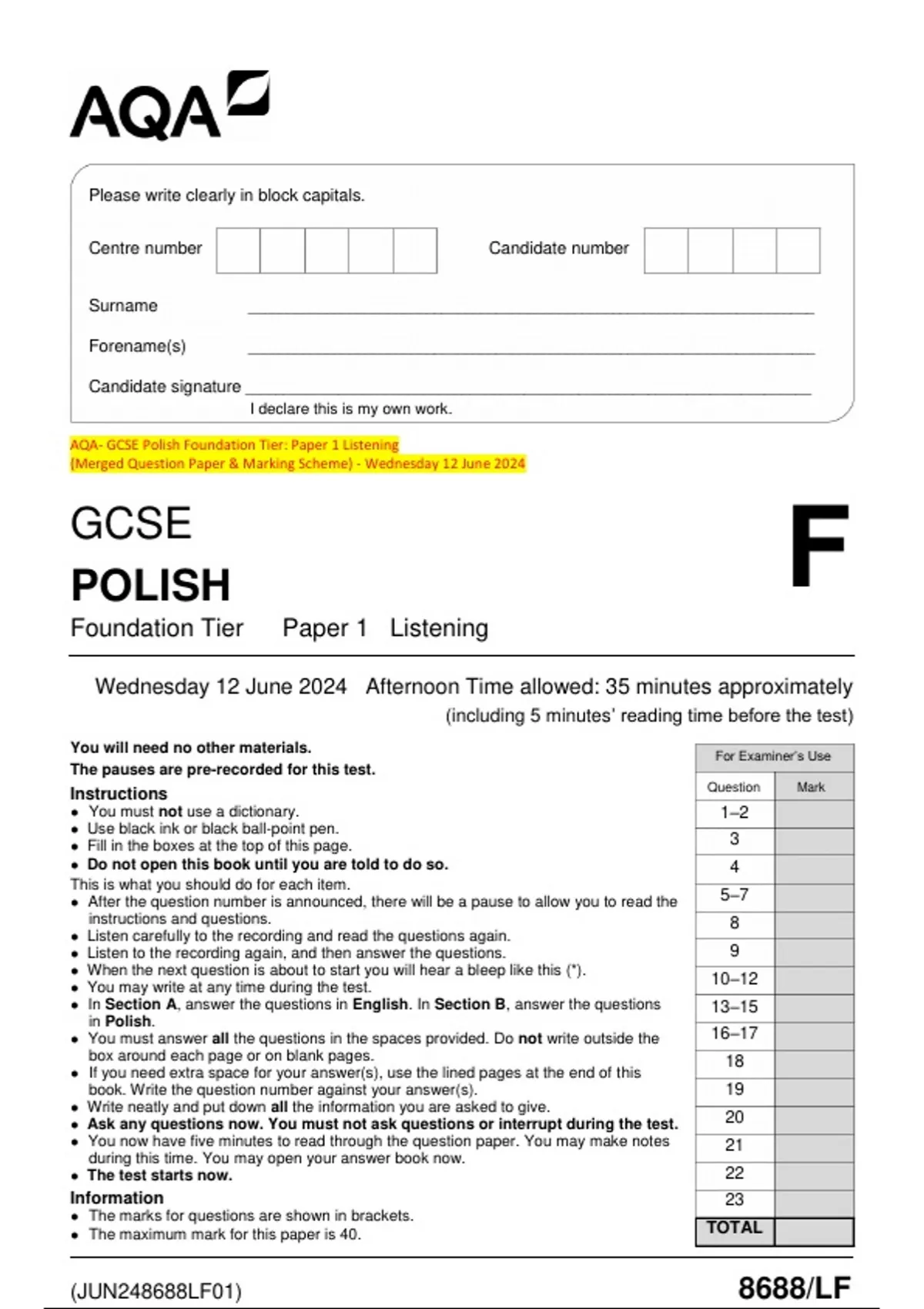 AQA- GCSE Polish Foundation Tier: Paper 1 Listening (Merged Question ...