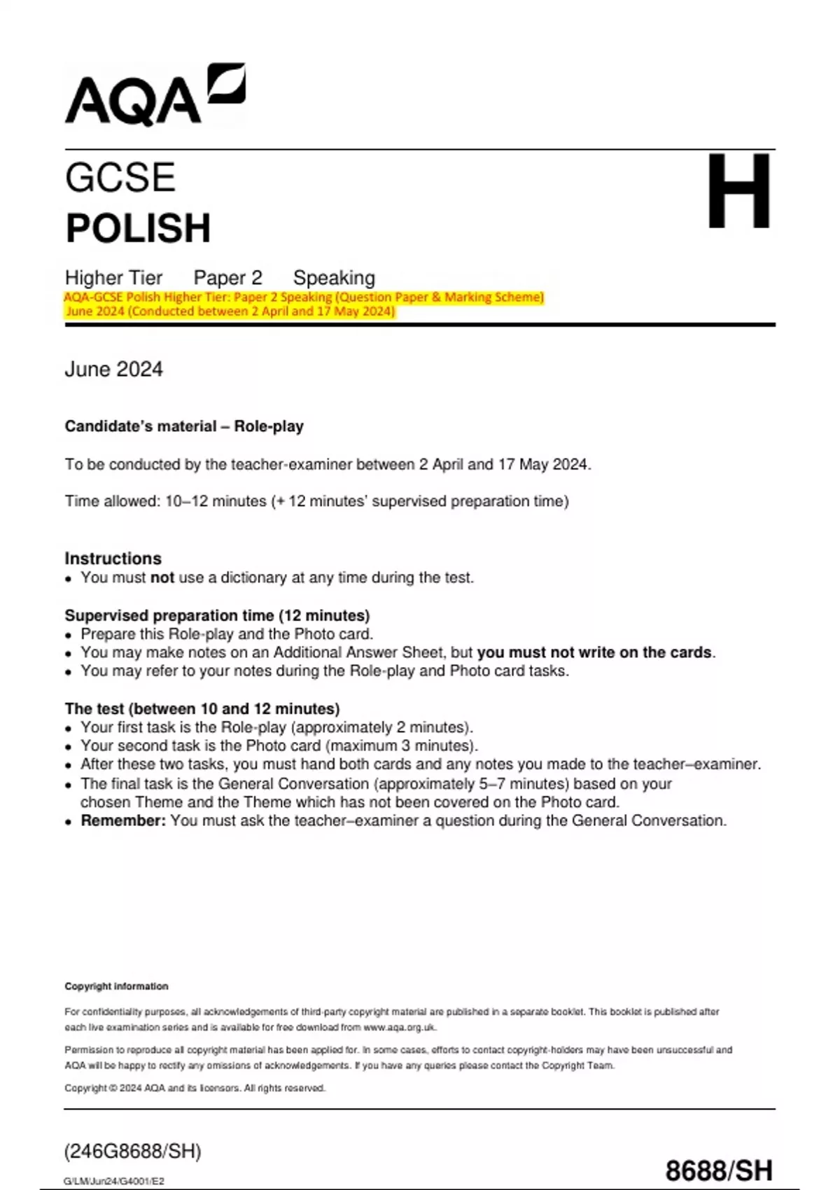 AQA-GCSE Polish Higher Tier: Paper 2 Speaking (Question Paper & Marking ...