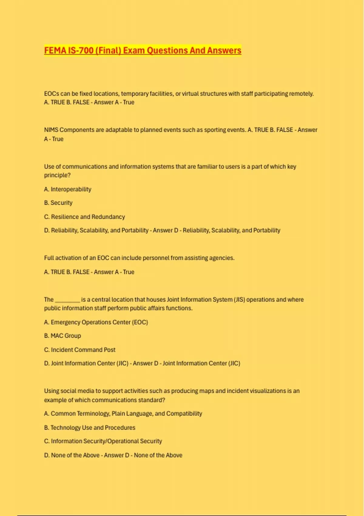 FEMA IS 700.b - Questions with Verified Answers Guaranteed Pass.FEMA IS ...