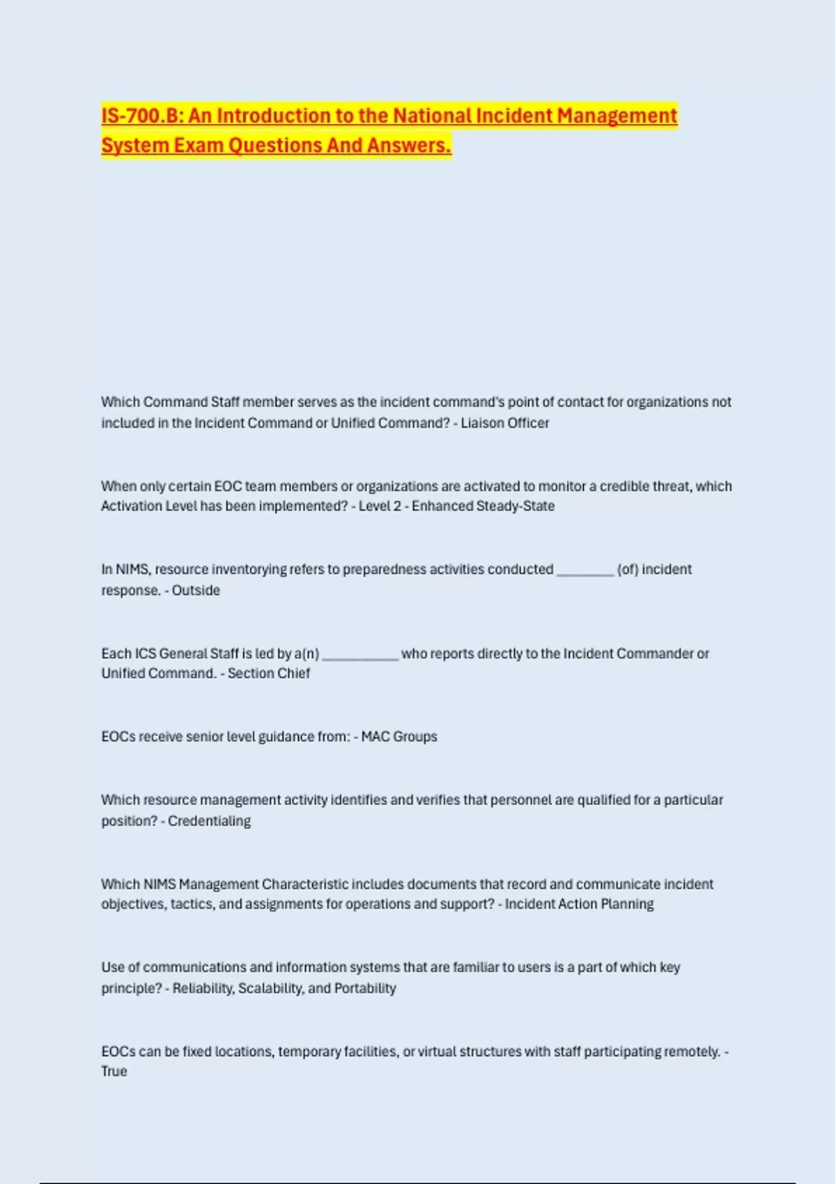 FEMA IS 700.b - Questions with Verified Answers Guaranteed Pass.FEMA IS ...