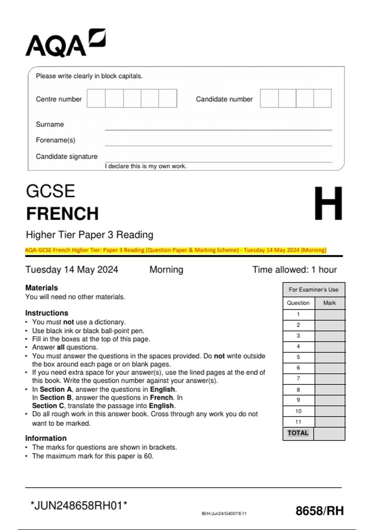 AQA-GCSE French Higher Tier: Paper 3 Reading (Question Paper & Marking ...