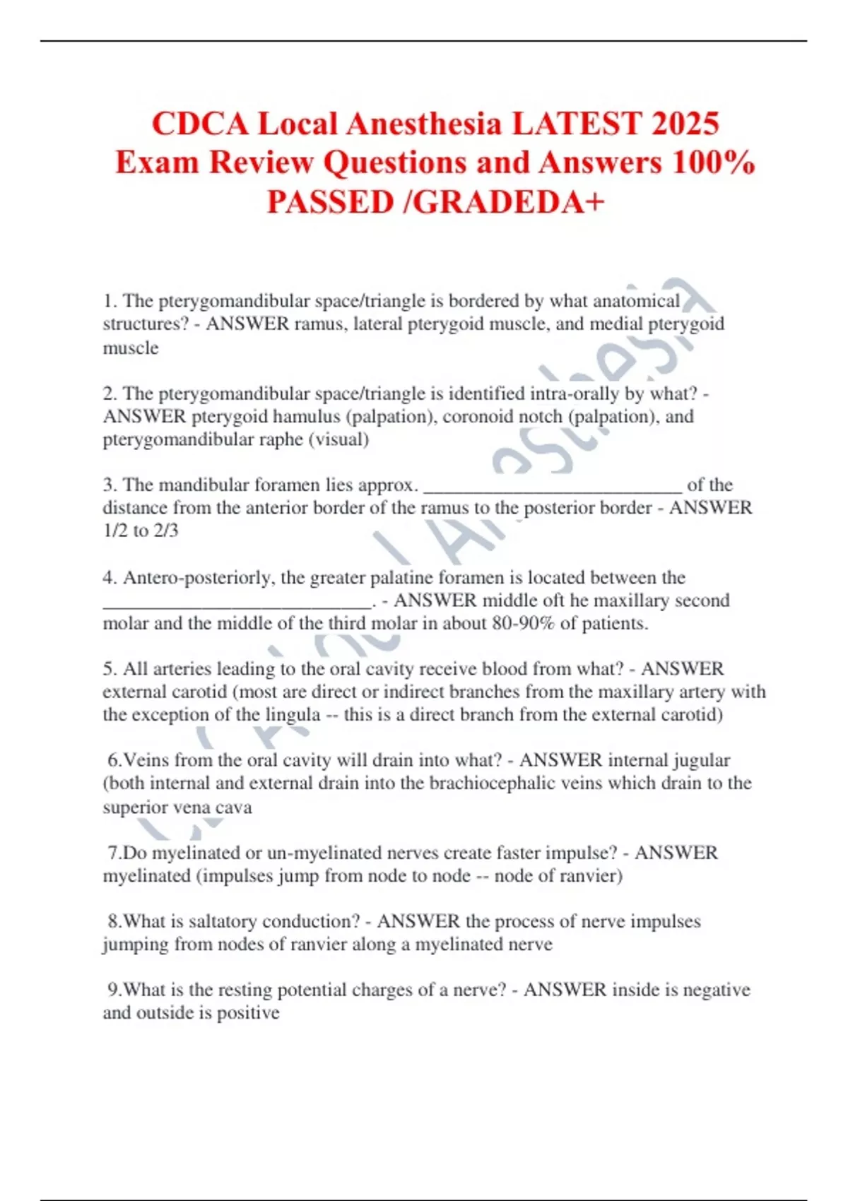 CDCA Local Anesthesia LATEST 2025 Exam Review Questions and Answers 100 ...