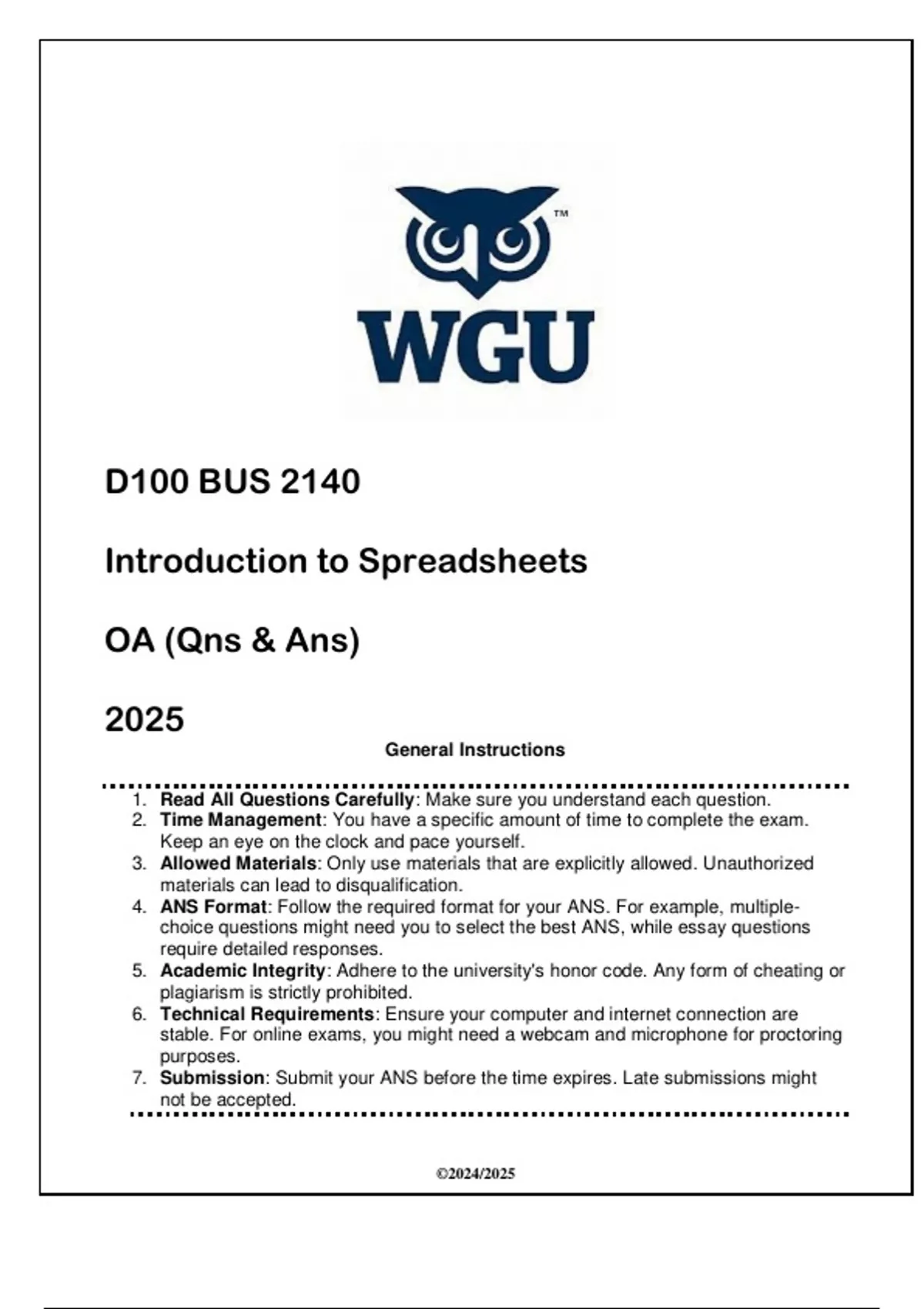 D100 BUS 2140 Introduction to Spreadsheets OA (Qns & Ans) 2025 - WGU ...