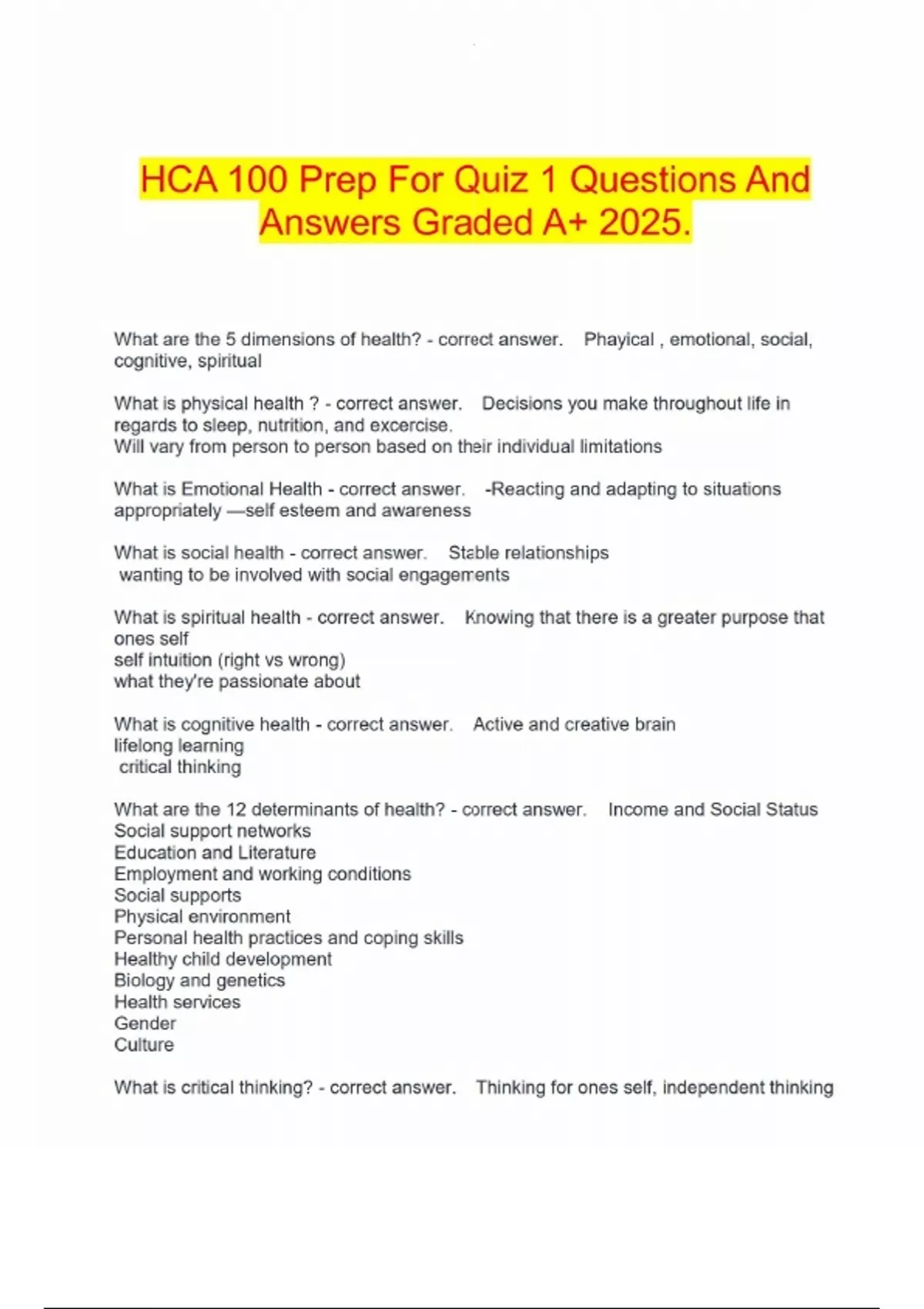 HCA 100 Prep For Quiz 1 Questions And Answers Graded A+ 2025. - HCA 100 - Stuvia US