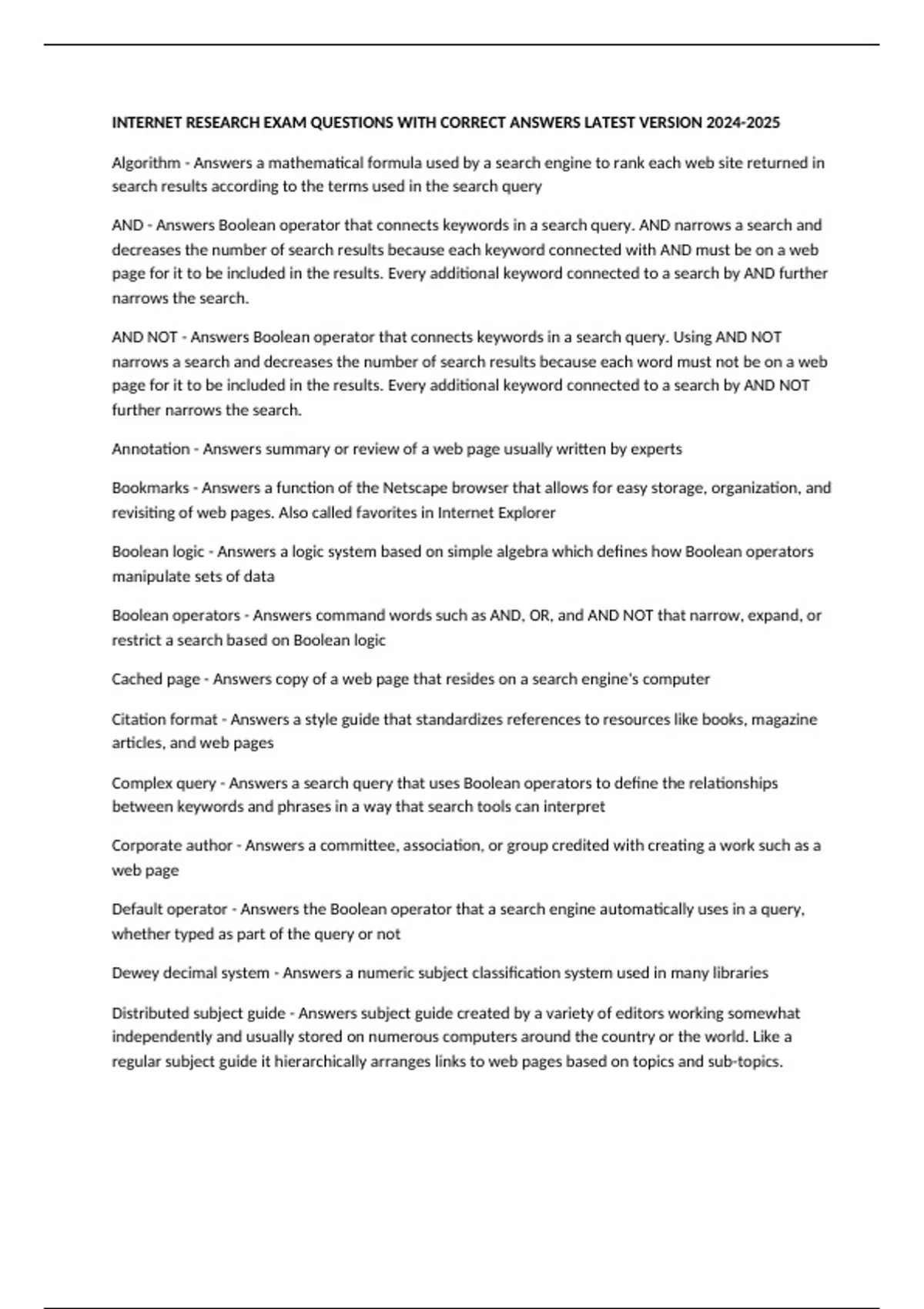 INTERNET RESEARCH EXAM QUESTIONS WITH CORRECT ANSWERS LATEST VERSION ...