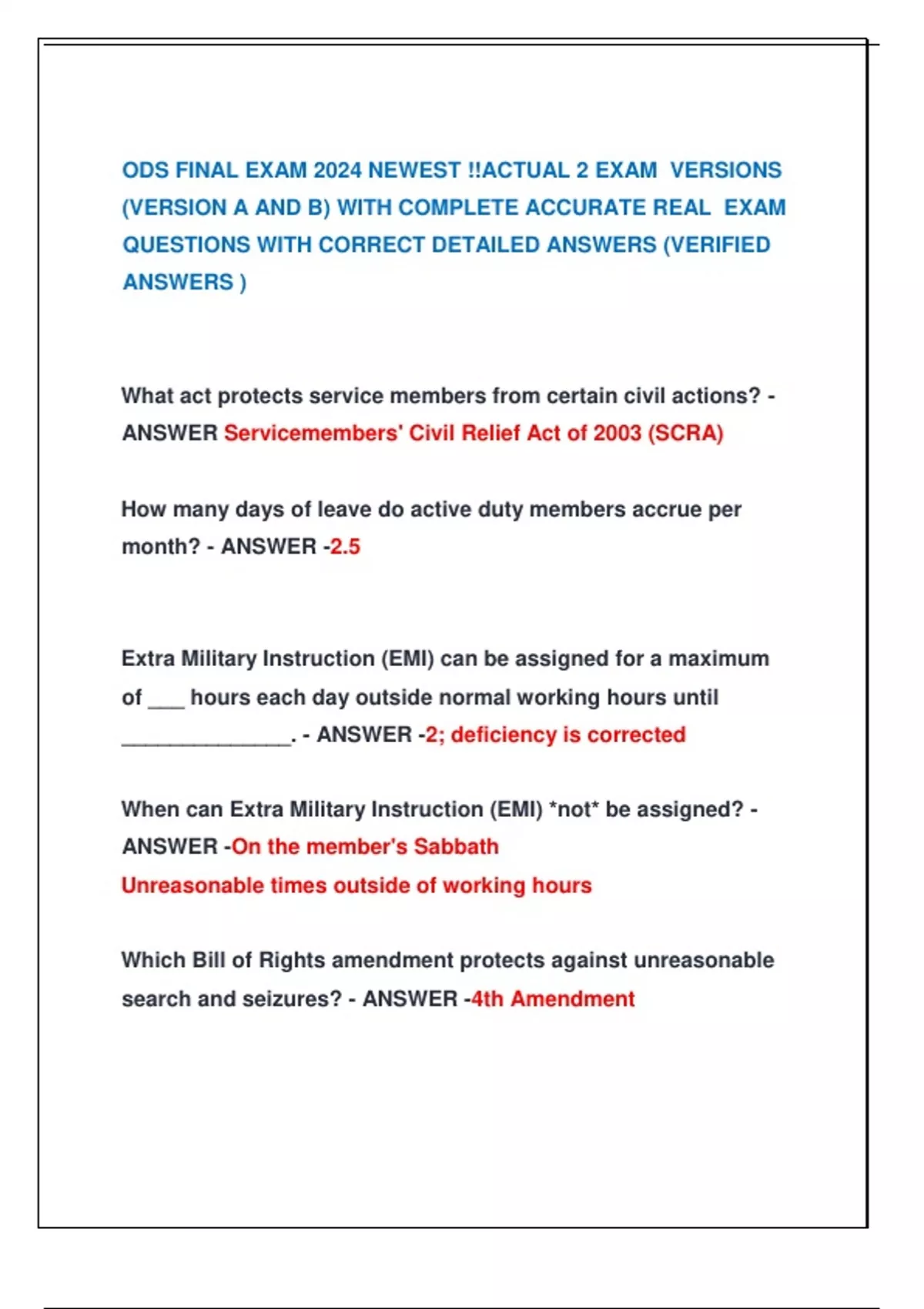 ODS FINAL EXAM 2024 NEWEST !!ACTUAL 2 EXAM VERSIONS (VERSION A AND B) WITH COMPLETE ACCURATE ...