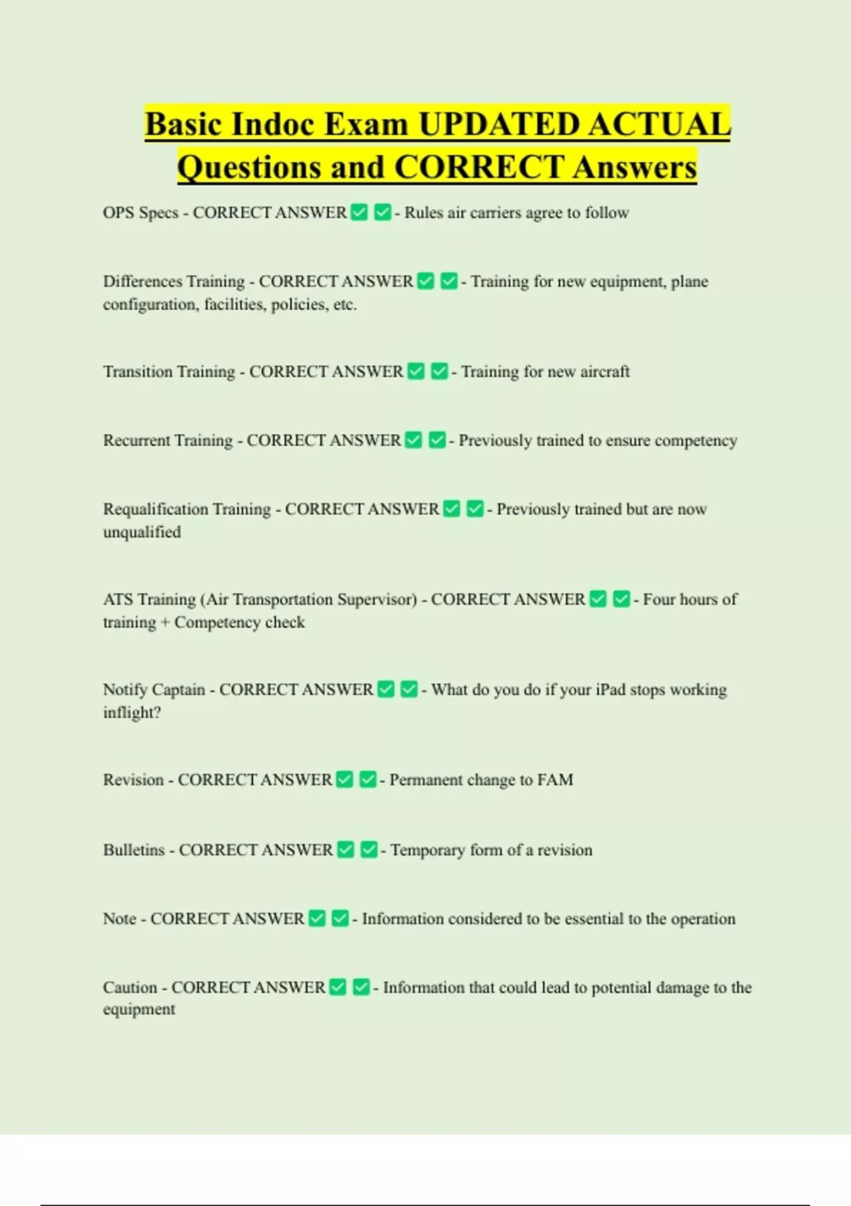 Basic Indoc Exam UPDATED ACTUAL Questions and CORRECT Answers - Flexjet ...