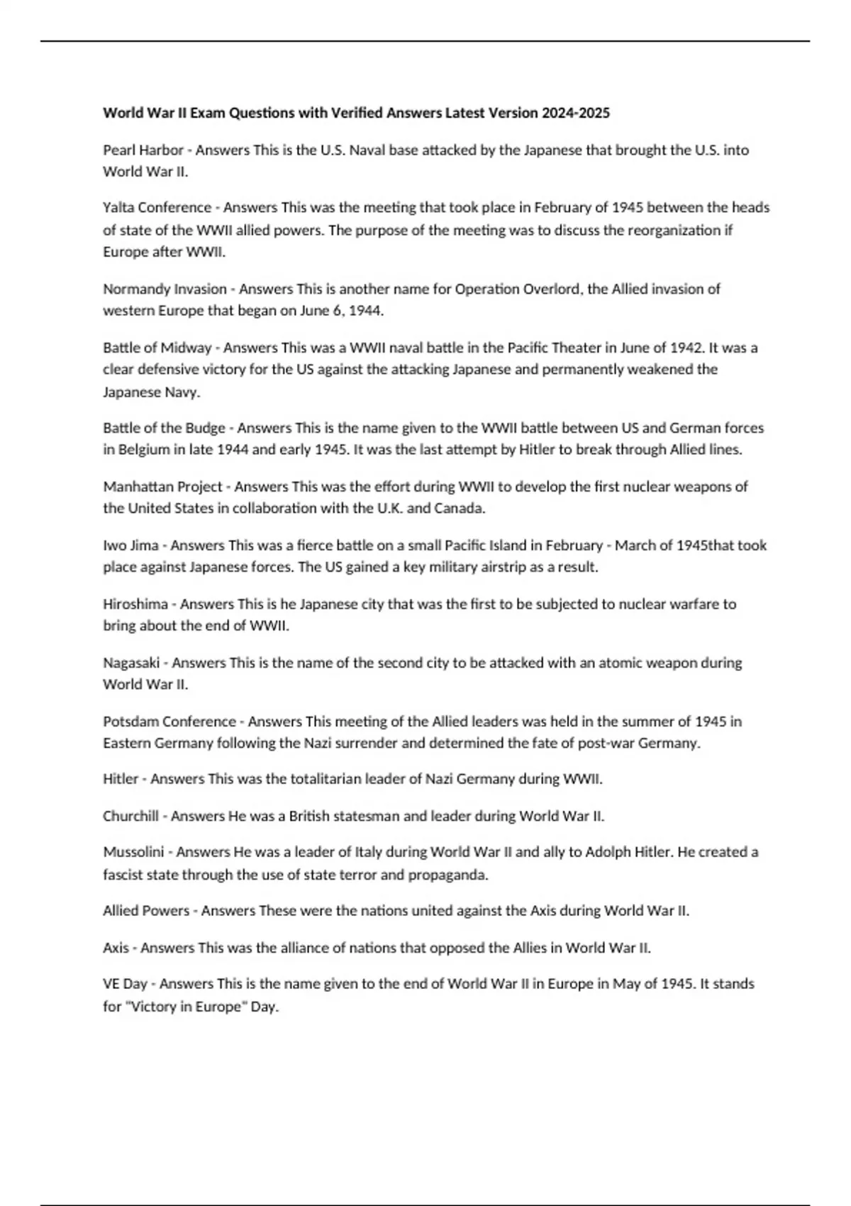 World War II Exam Questions with Verified Answers Latest Version ...