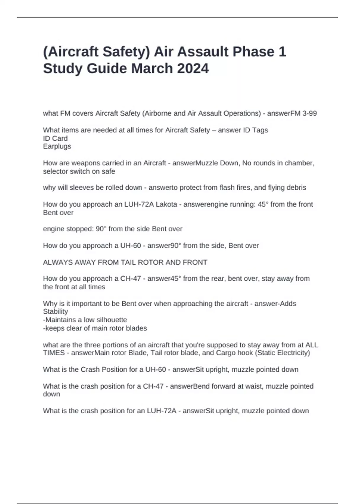 (Aircraft Safety) Air Assault Phase 1 Study Guide March 2024 Questions ...
