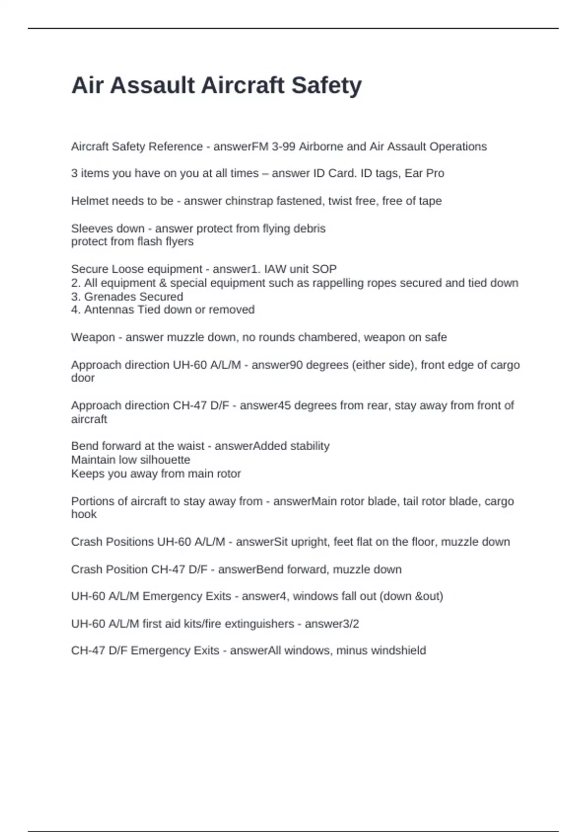 Air Assault Aircraft Safety Questions and Answers - Air assault - Stuvia US