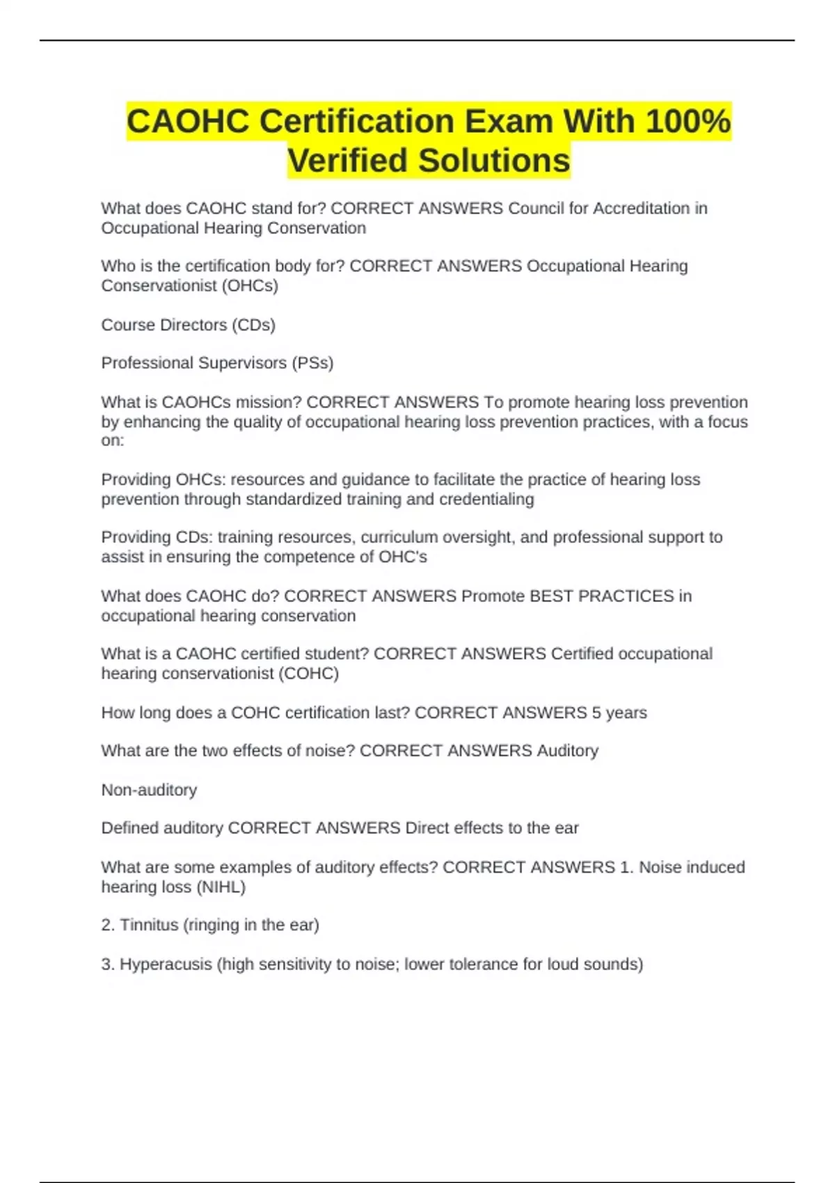 CAOHC Certification Exam With 100% Verified Solutions - CAOHC - Stuvia US