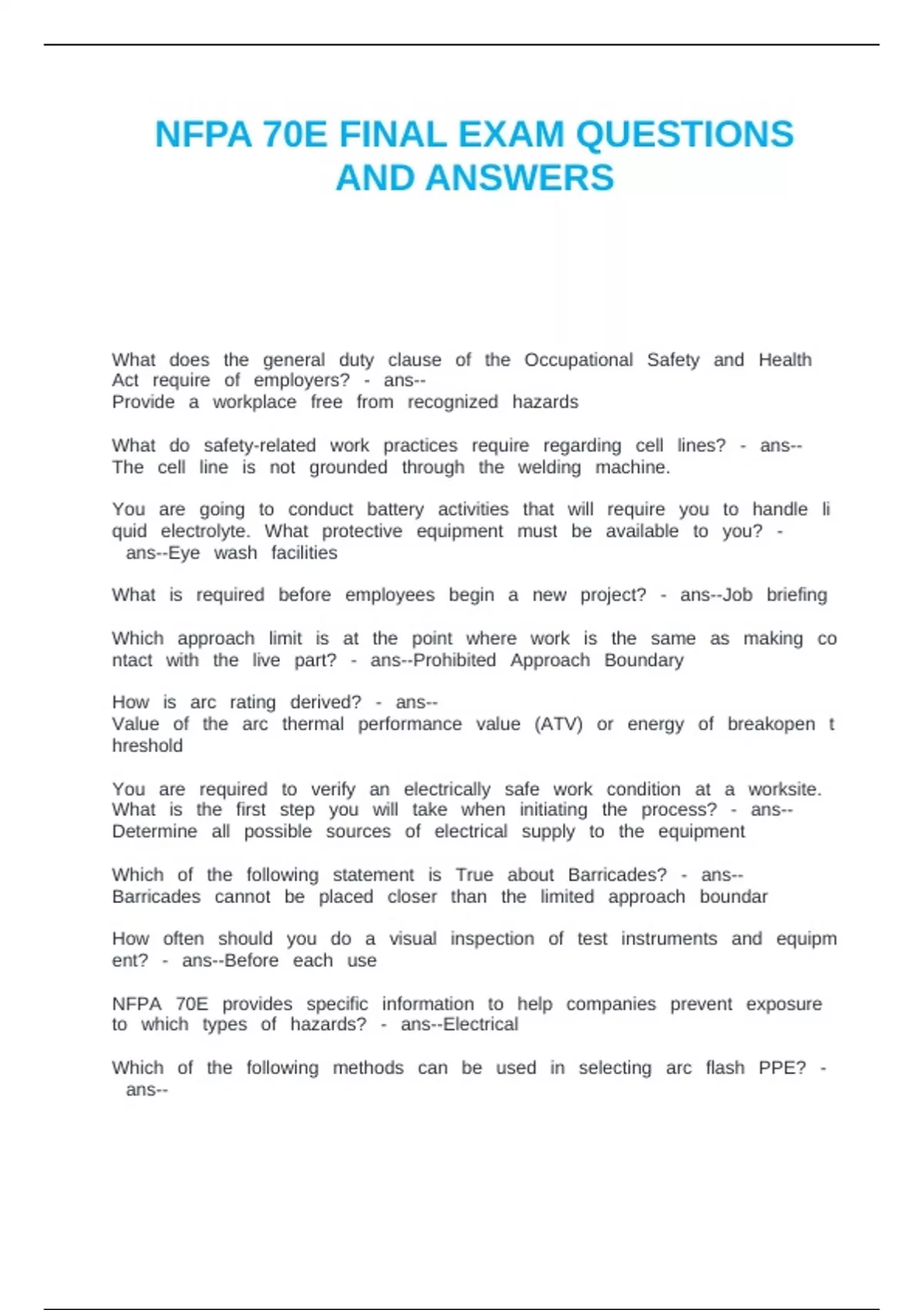 NFPA 70E FINAL EXAM QUESTIONS AND ANSWERS - NFPA 70 - Stuvia US