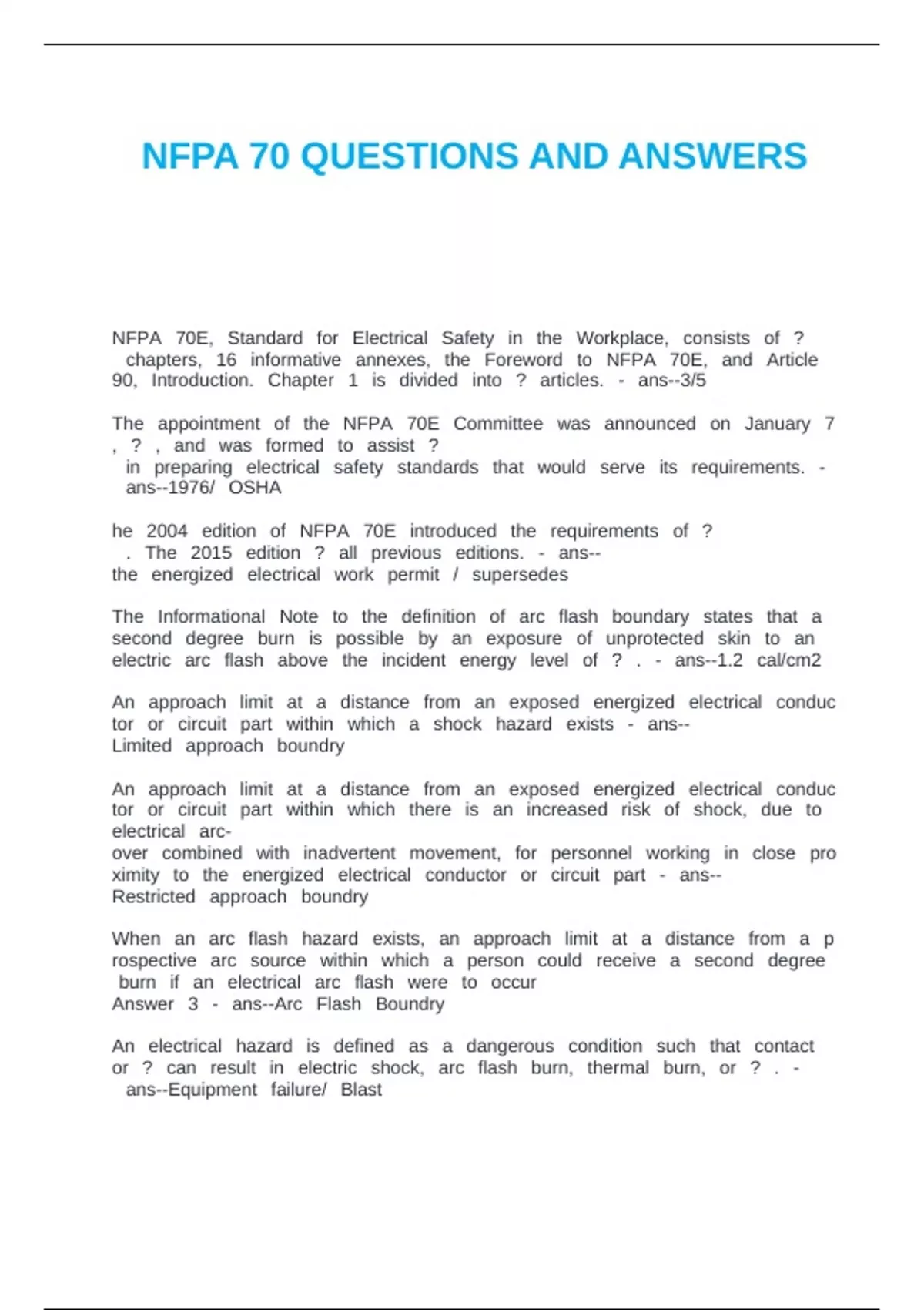 NFPA 70 QUESTIONS AND ANSWERS - NFPA 70 - Stuvia US