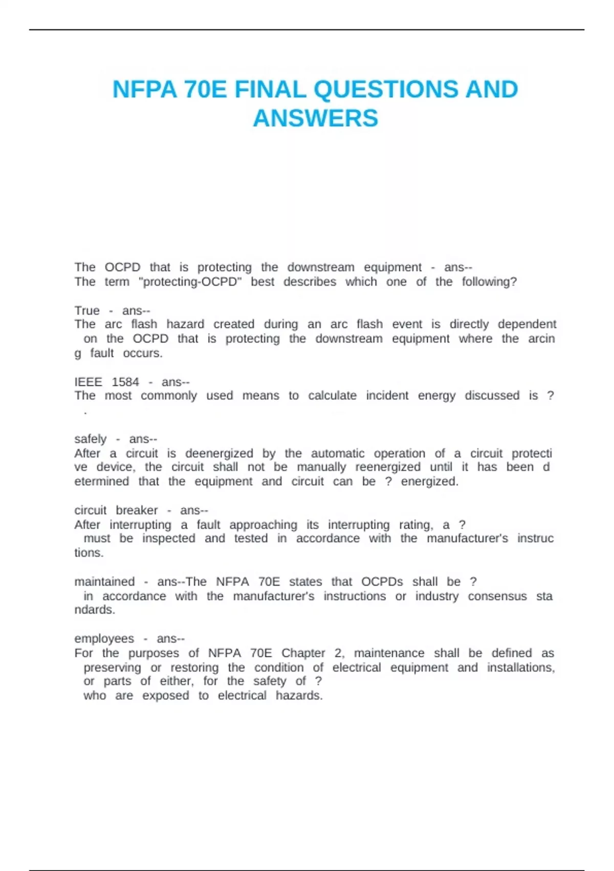 NFPA 70E FINAL QUESTIONS AND ANSWERS - NFPA 70 - Stuvia US