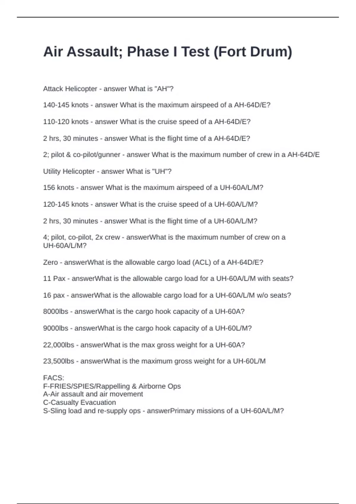 Air Assault; Phase I Test (Fort Drum) Questions with Solutions - Air ...