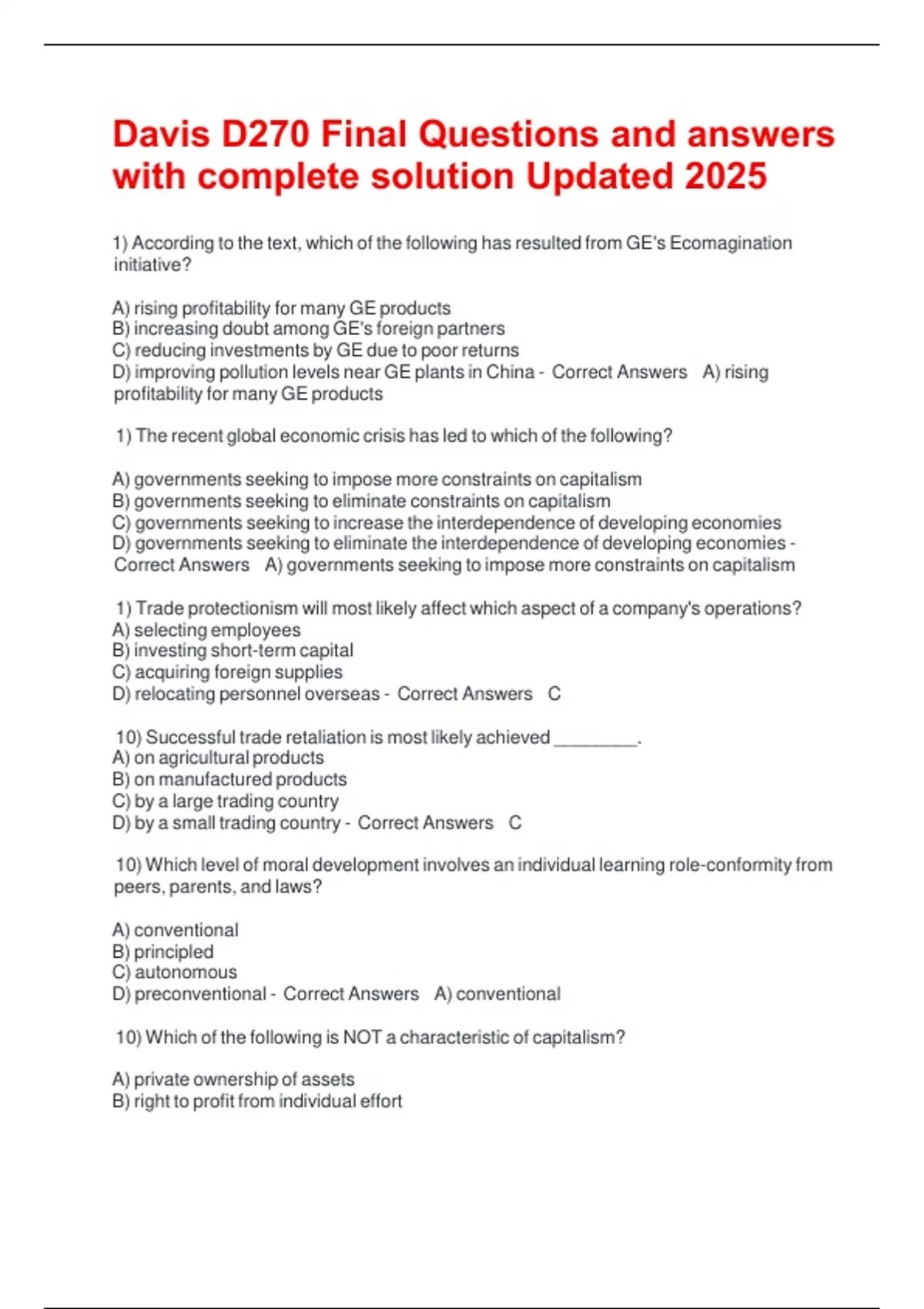 Davis D270 Final Questions and answers with complete solution Updated 2025 - Davis D270 - Stuvia US