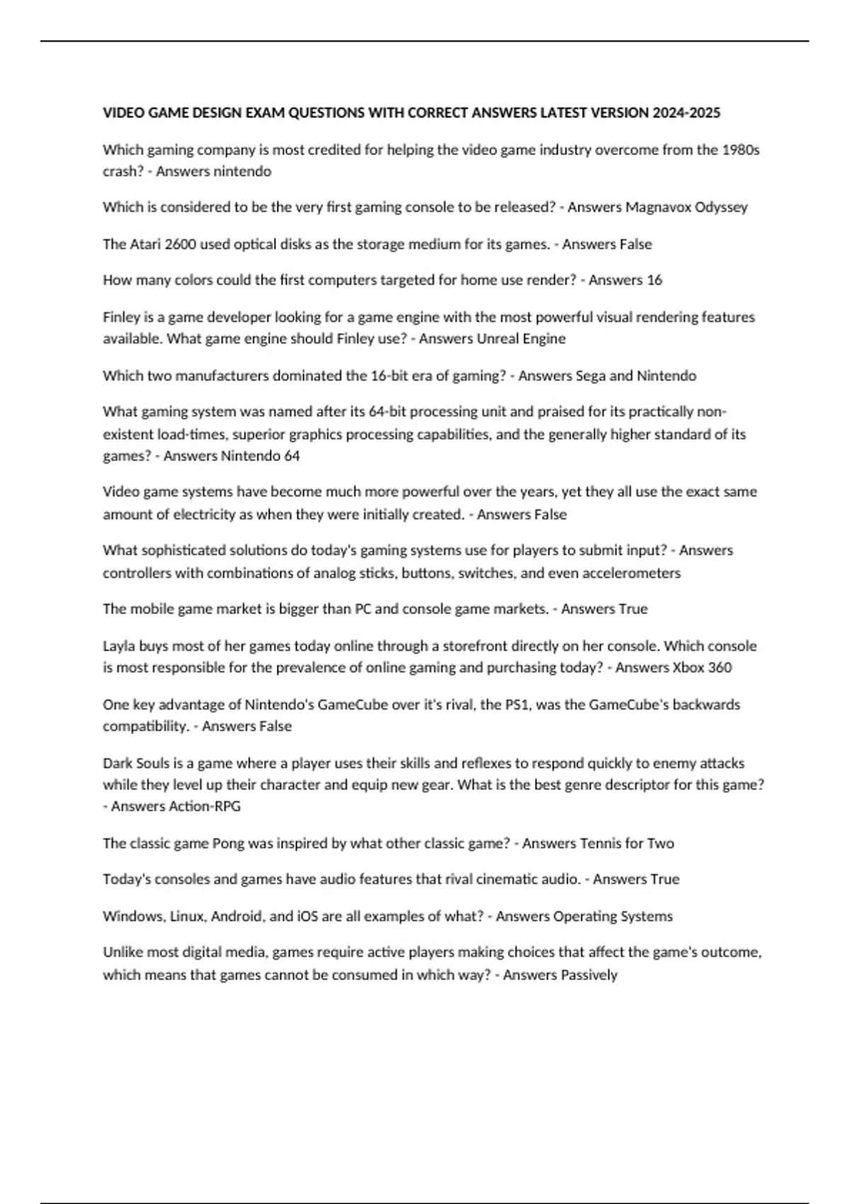 VIDEO GAME DESIGN EXAM QUESTIONS WITH CORRECT ANSWERS LATEST VERSION ...