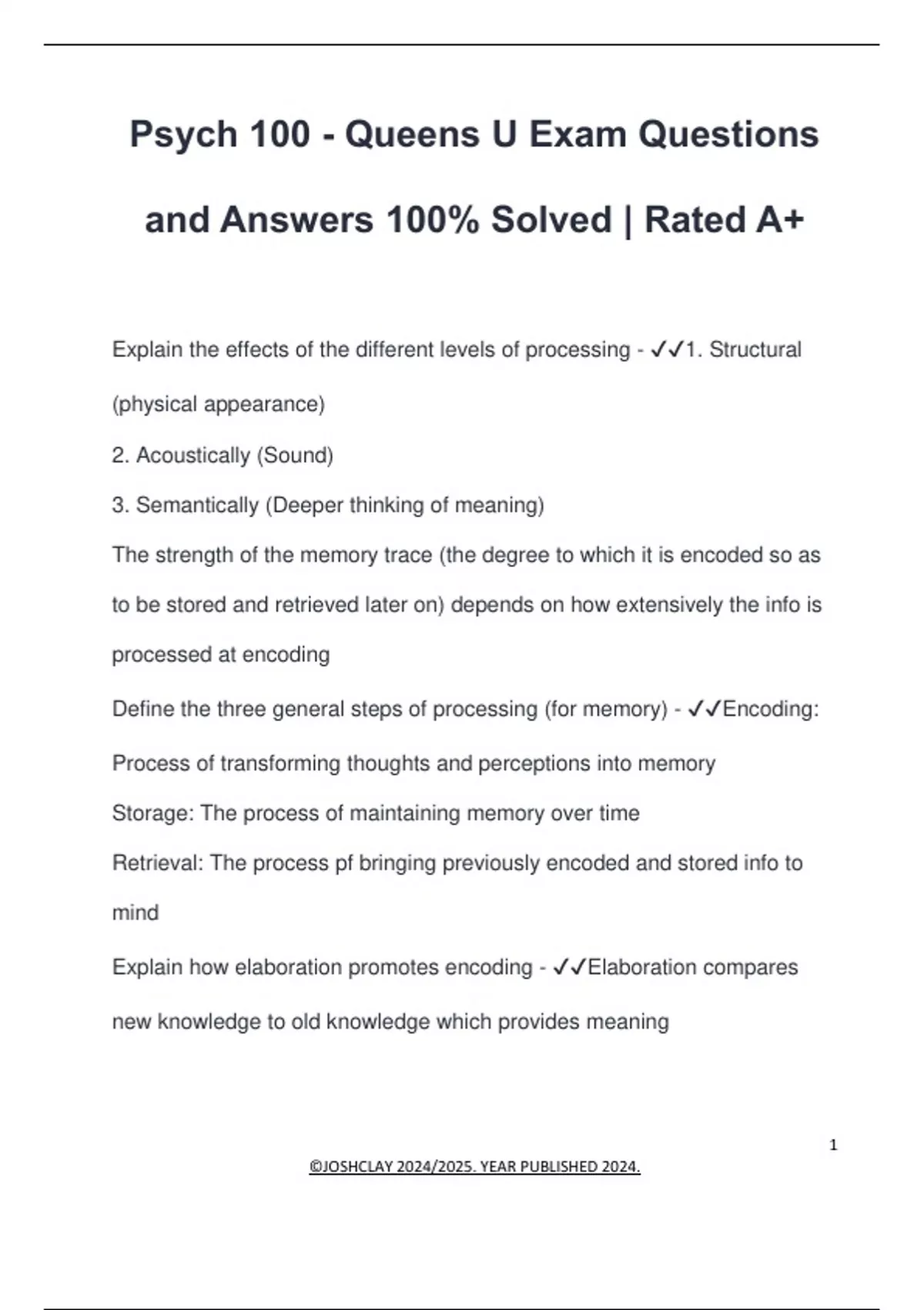 Psych 100 - Queens U Exam Questions and Answers 100% Solved | Rated A+ - Psych - Stuvia US