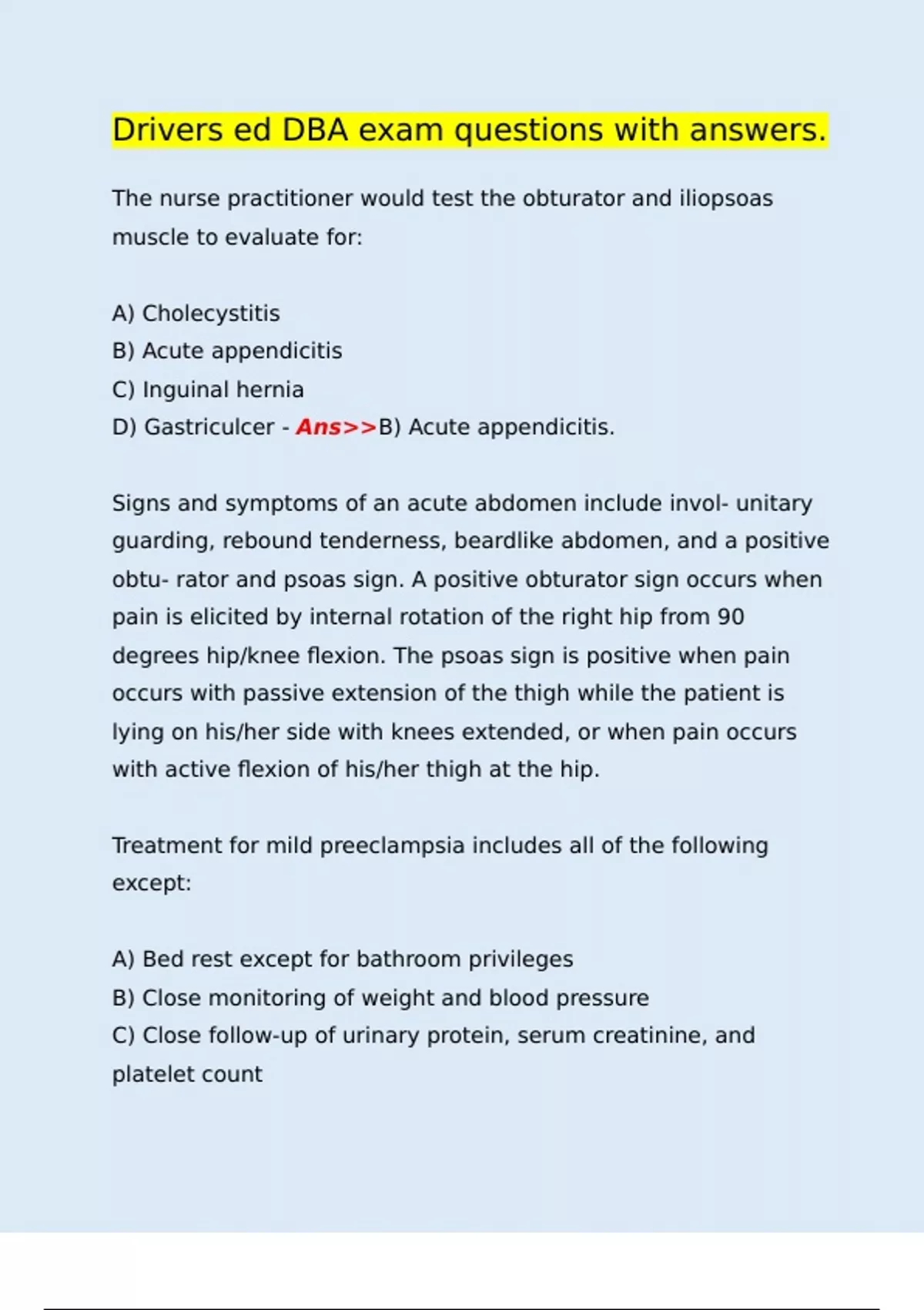 Drivers ed DBA exam questions with answers. The nurse practitioner ...