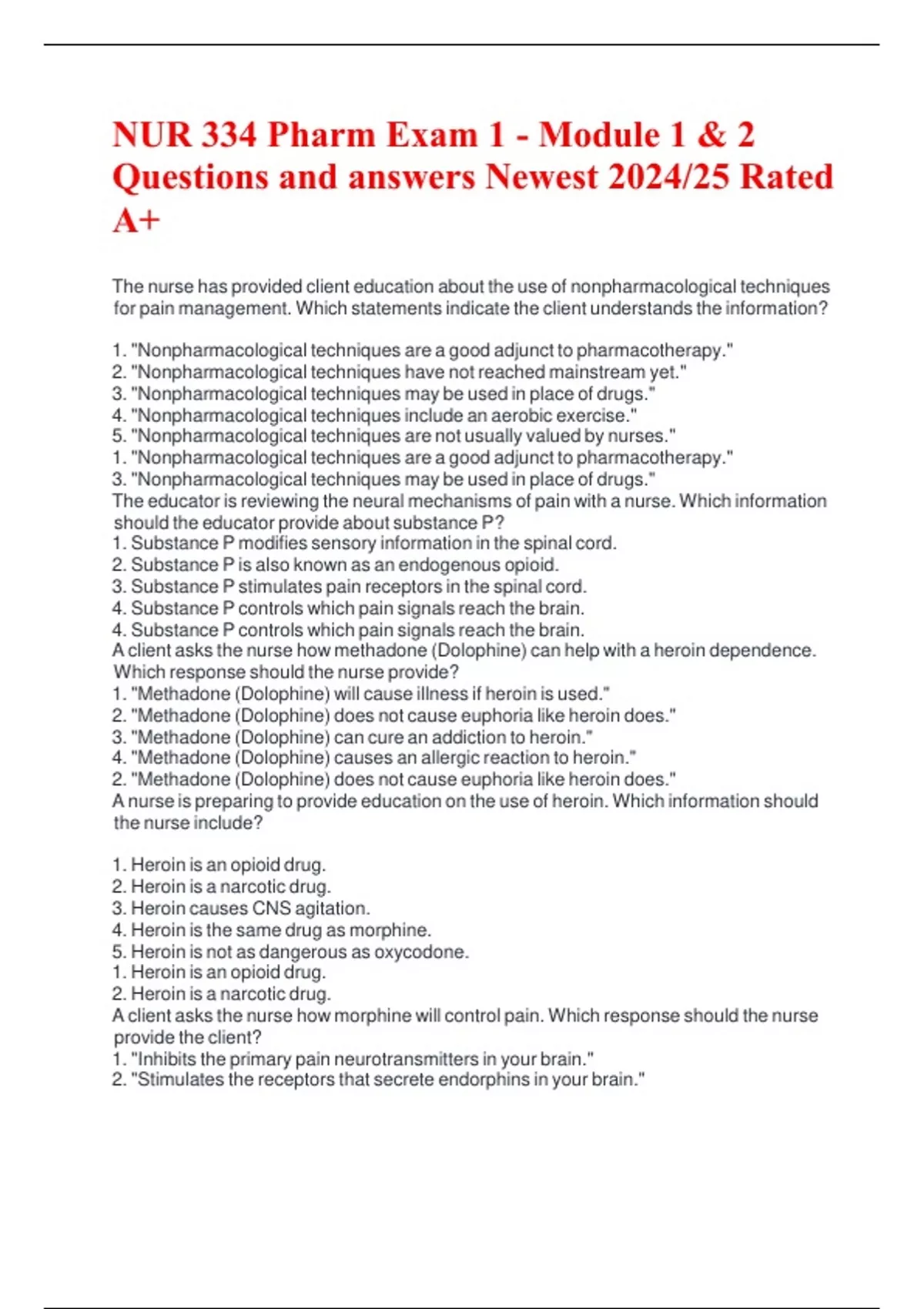 NUR 334 Pharm Exam 1 - Module 1 & 2 Questions and answers Newest 2024/ ...