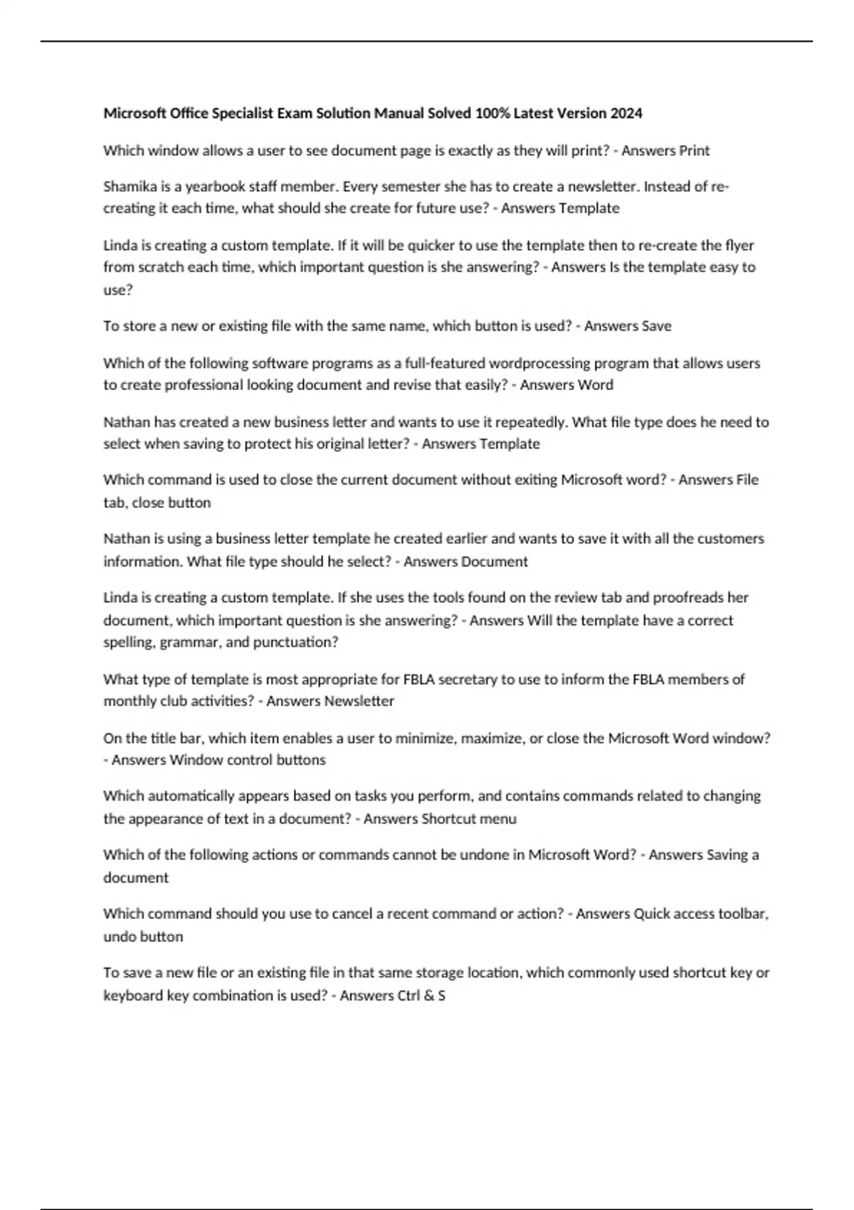 Microsoft Office Specialist Exam Solution Manual Solved 100% Latest ...