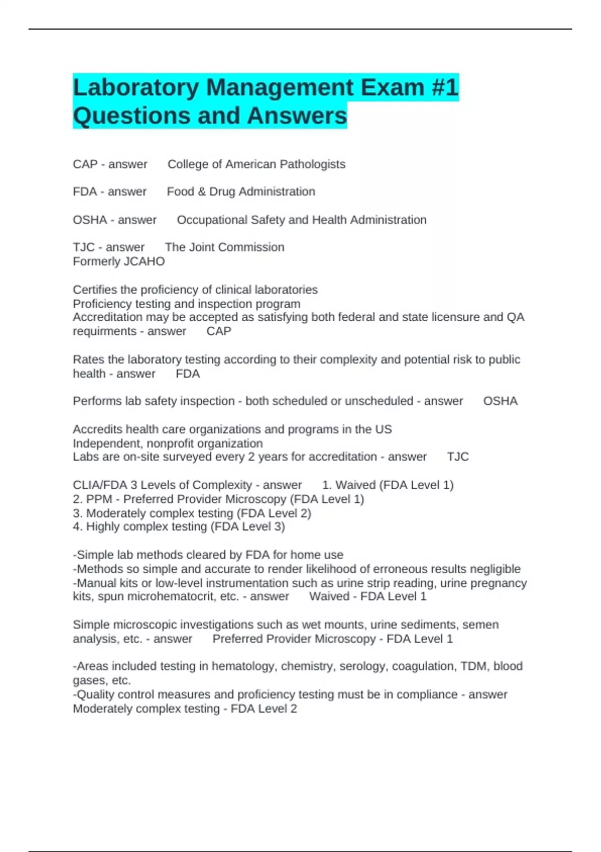 Laboratory Management Exam #1 Questions and Answers - Laboratory ...