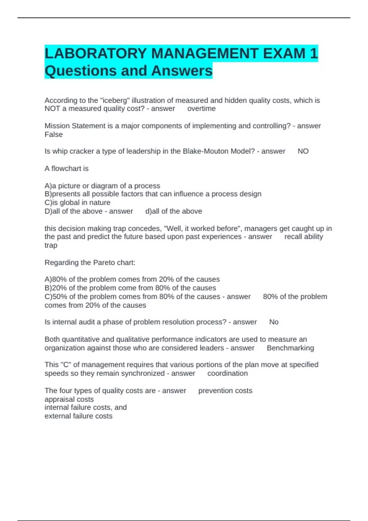 LABORATORY MANAGEMENT EXAM 1 Questions and Answers - Laboratory ...
