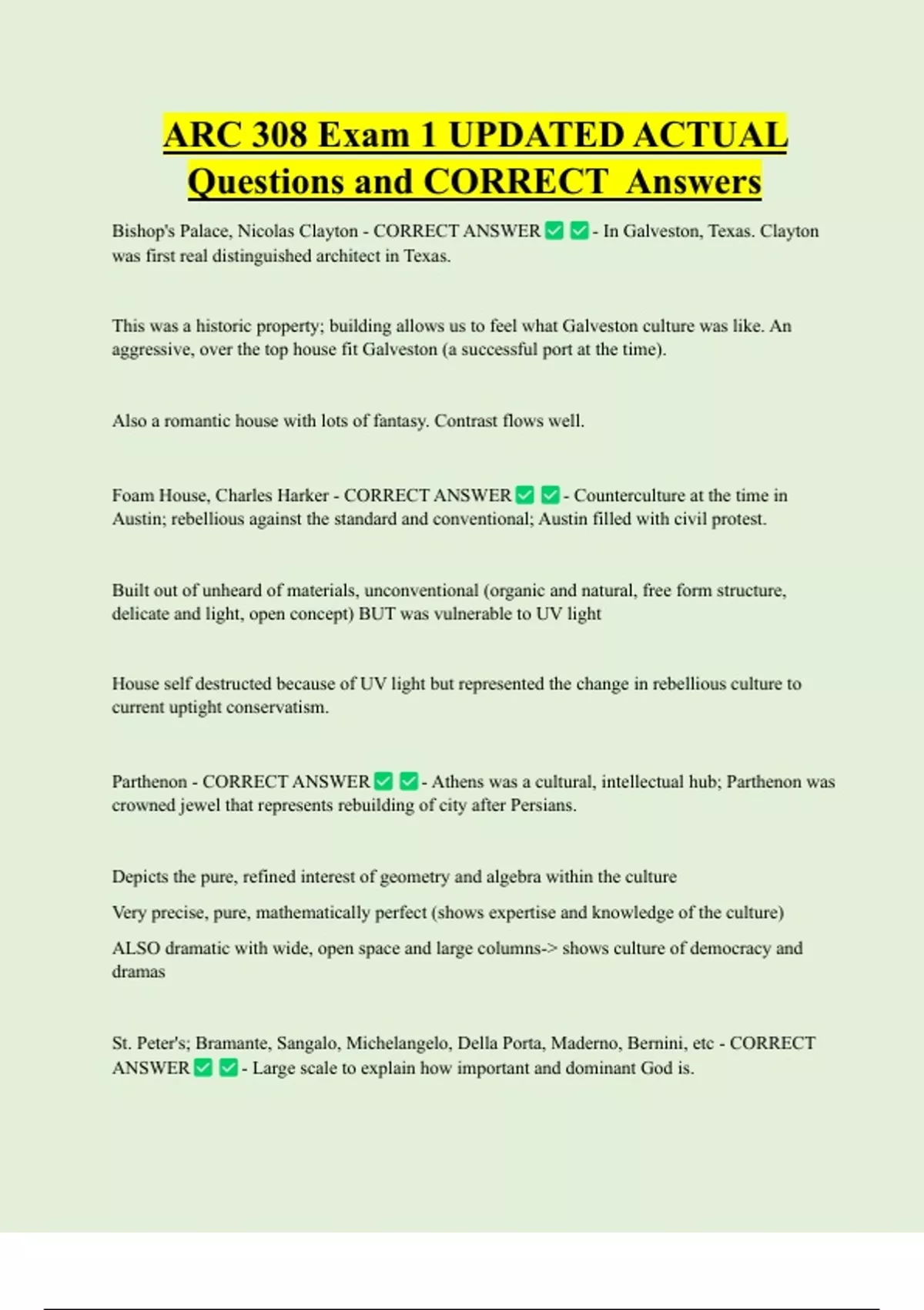 ARC 308 Exam 1 UPDATED ACTUAL Questions and CORRECT Answers - ARC 308 ...