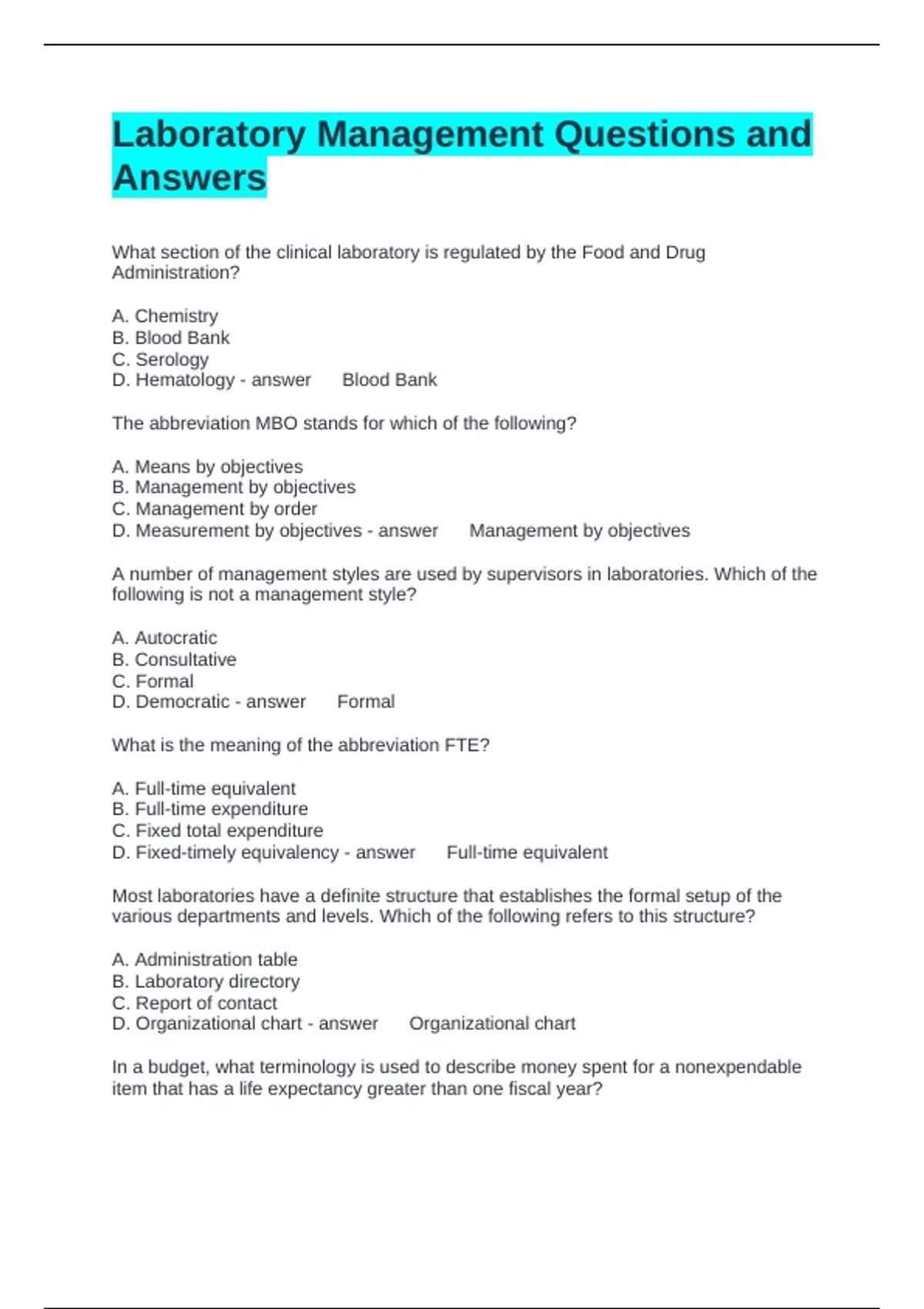 Laboratory Management Questions and Answers - Laboratory management ...