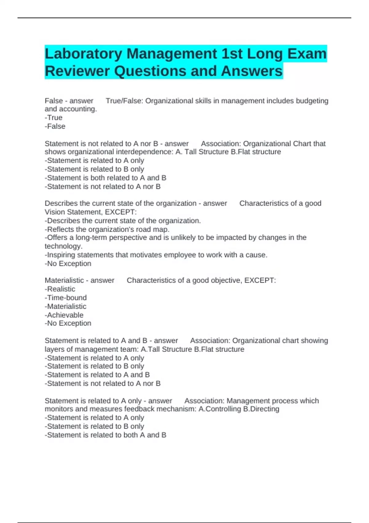 Laboratory Management 1st Long Exam Reviewer Questions and Answers ...